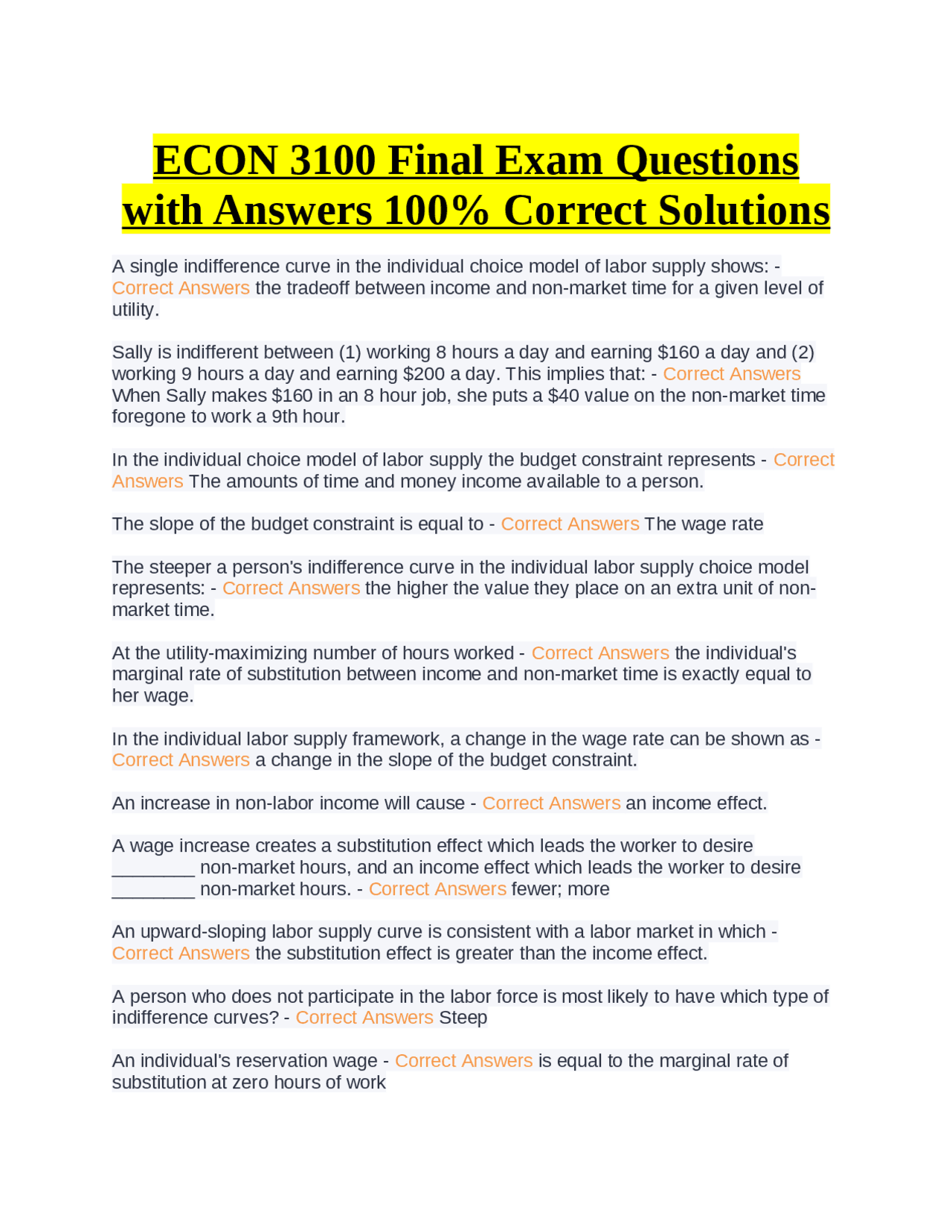 ECON 3100 Final Exam Questions with Answers 100% Correct Solutions ...