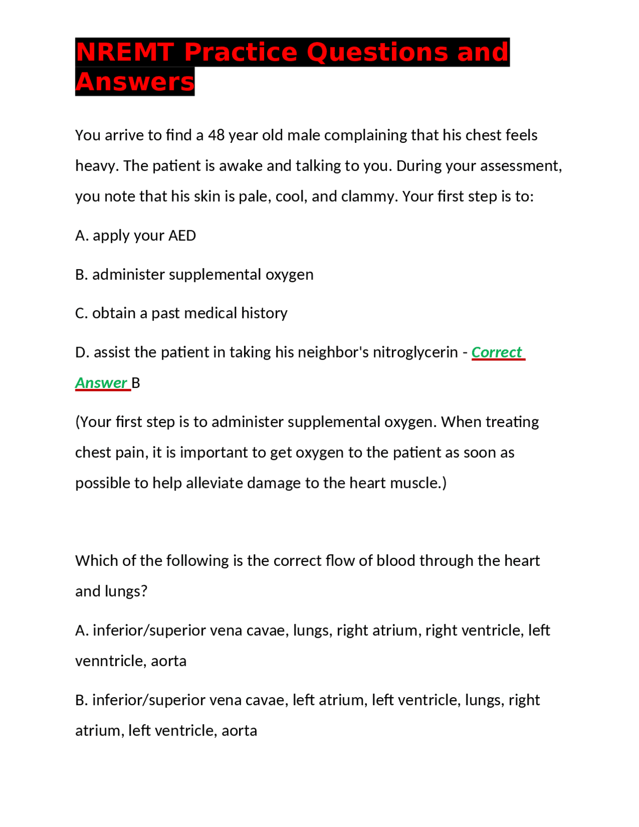 NREMT Practice Questions and Answers | Exams Nursing | Docsity