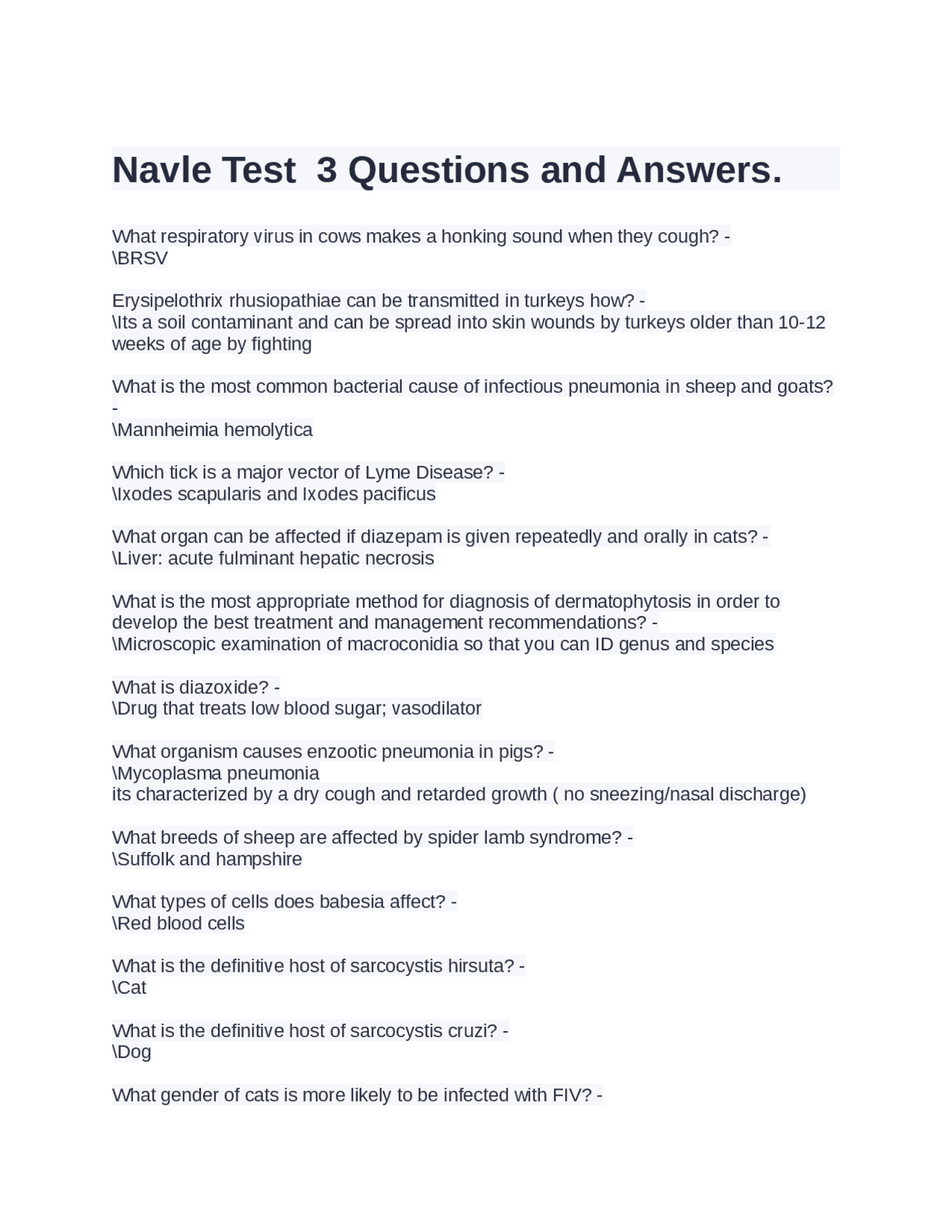 Navle Test 3 Questions and Answers | Exams Medicine | Docsity