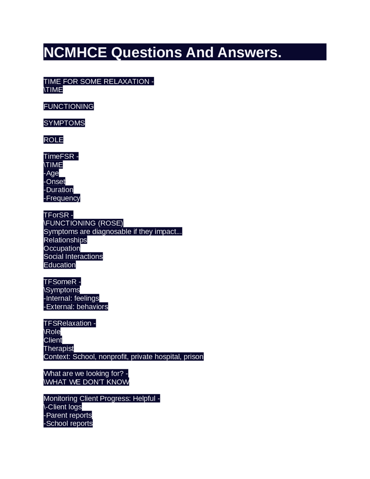 NCMHCE Sample Questions And Answers. | Exams Public Health | Docsity