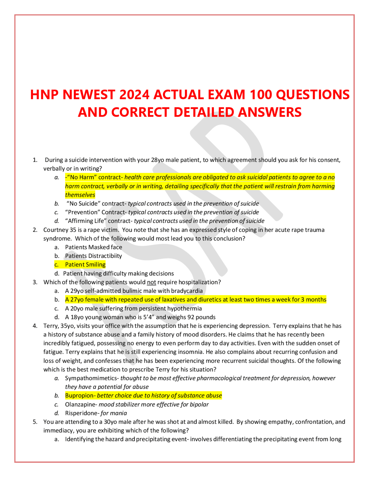 HNP NEWEST 2024 ACTUAL EXAM 100 QUESTIONS AND CORRECT DETAILED ANSWERS ...