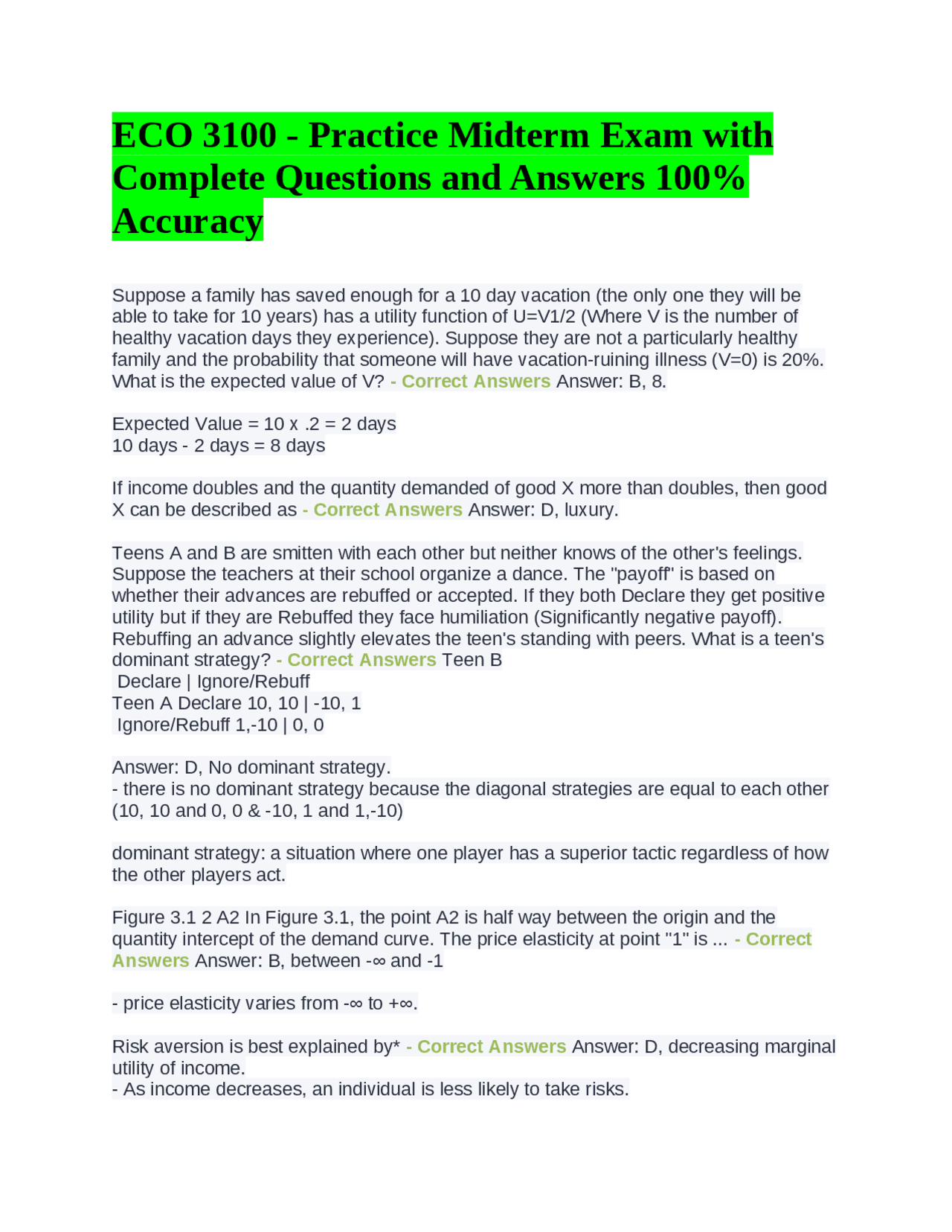 ECO 3100 - Practice Midterm Exam with Complete Questions and Answers ...