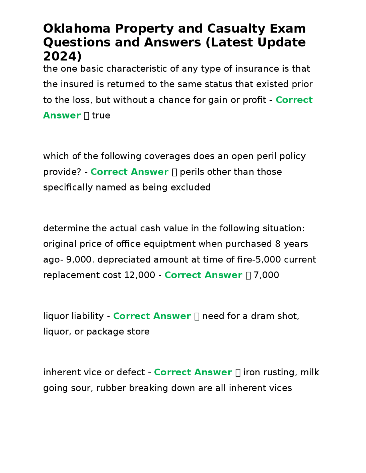 Oklahoma Property and Casualty Exam Questions and Answers (Latest ...