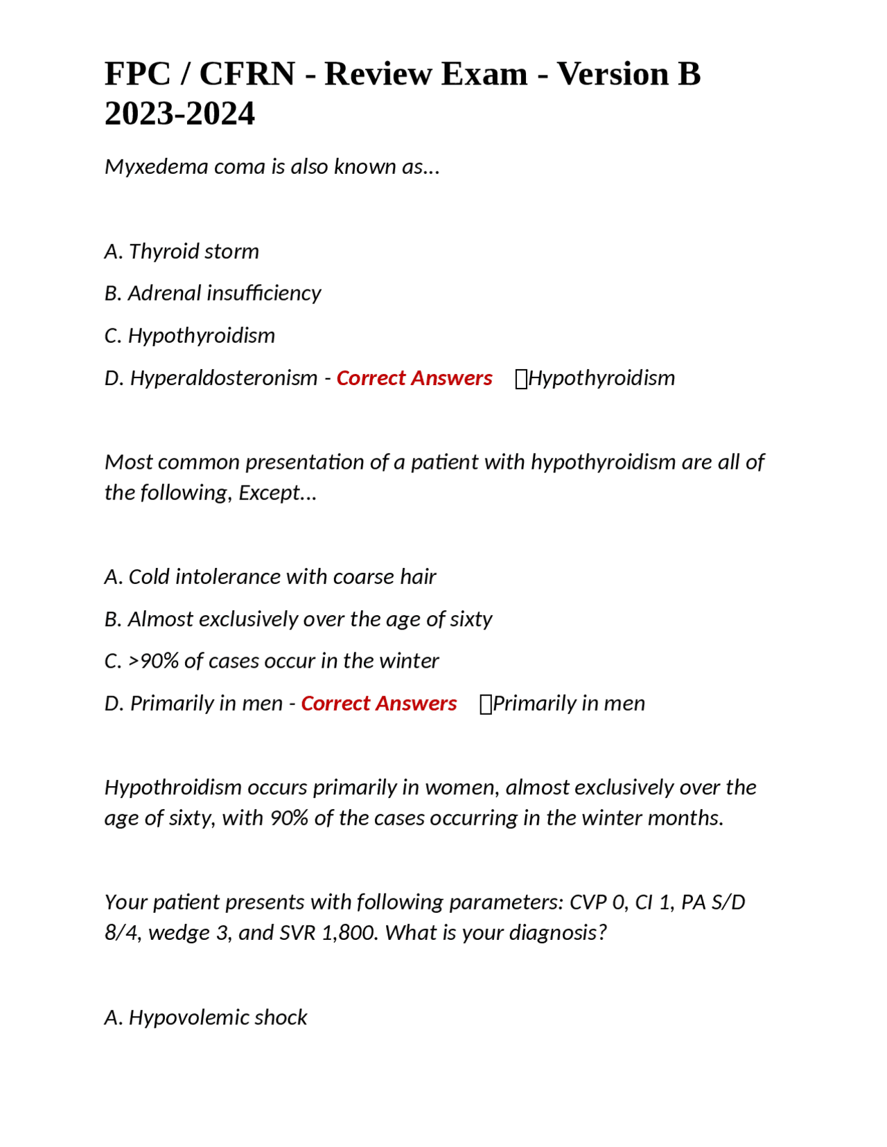 Fpc Cfrn Review Exam Version B 2023 2024 Exams Nursing Docsity
