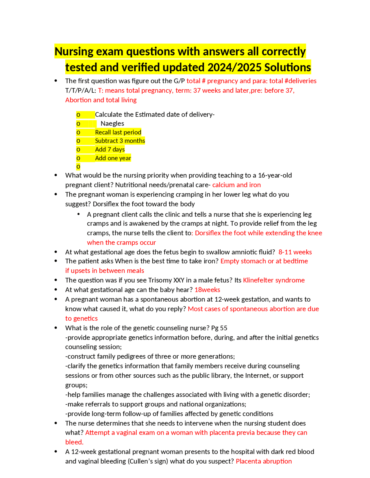 Nursing Exam Questions and Answers for Pregnancy and Childbirth | Exams ...