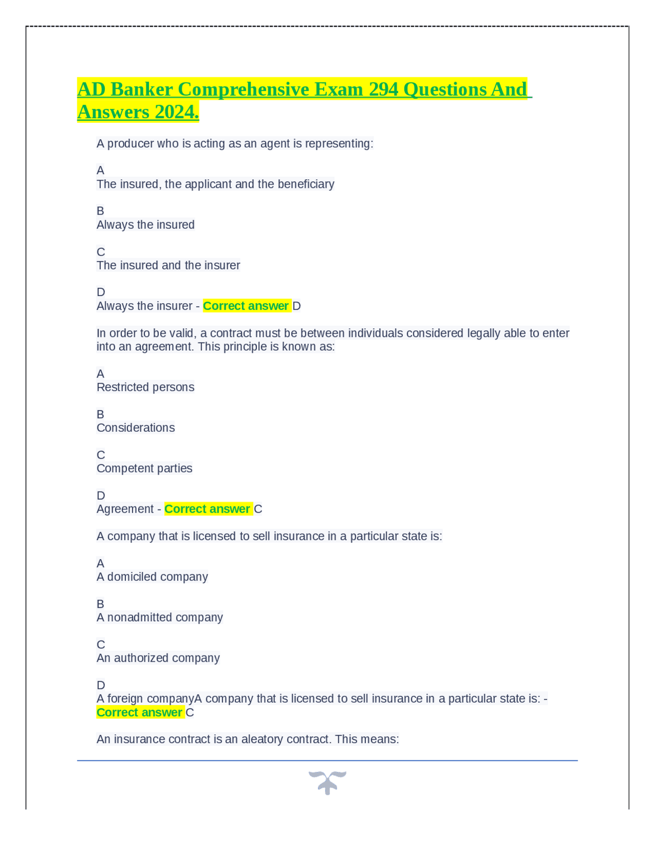 AD Banker Comprehensive Exam 294 Questions And Answers 2024.AD Banker ... AD Banker Comprehensive Exam 294 Questions And Answers 2024.AD Banker ...
