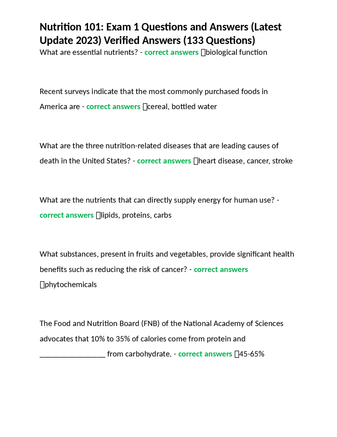 Nutrition 101: Exam 1 Questions and Answers (Latest Update 2023 ...