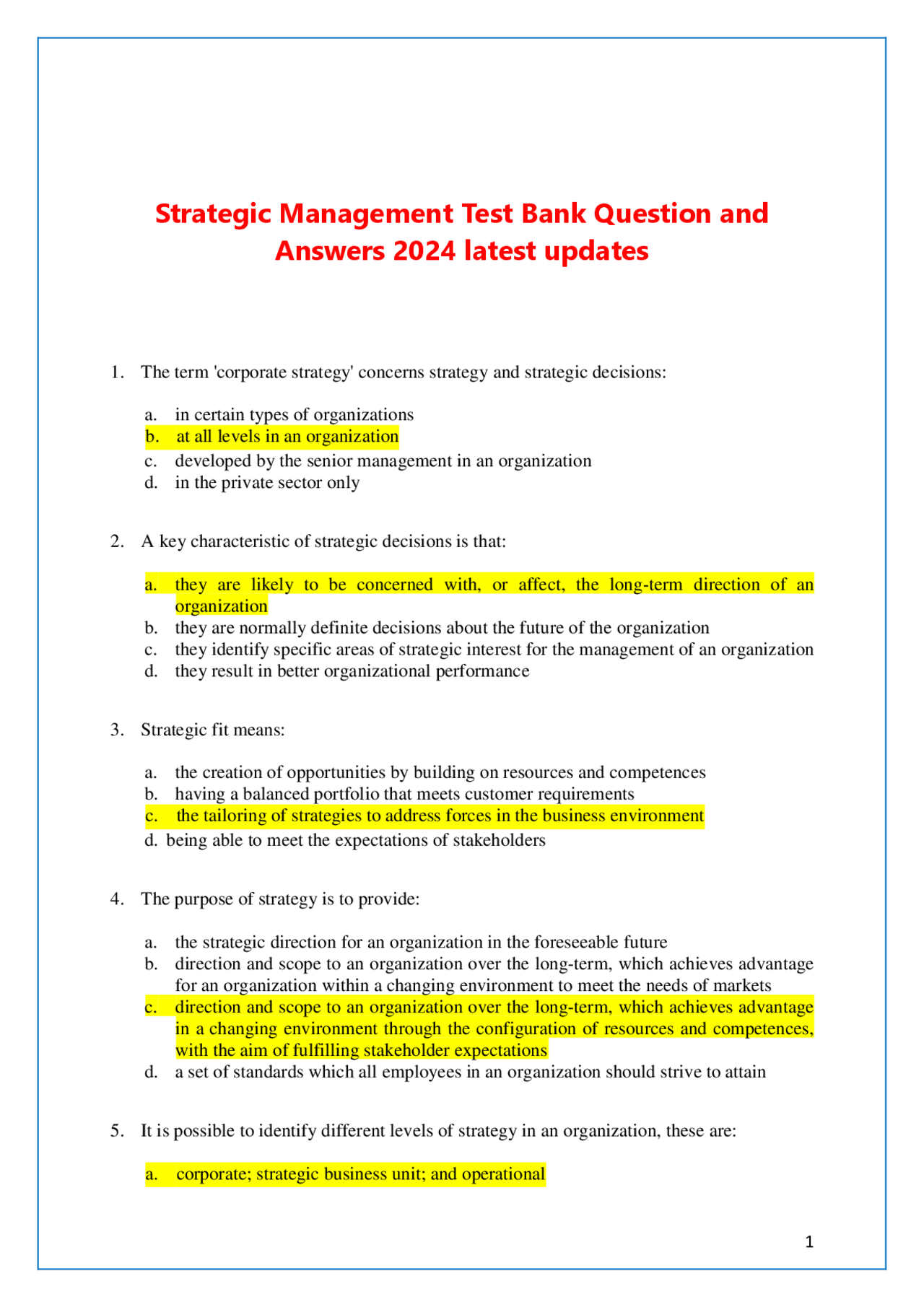 Strategic Management Test Bank Question and Answers 2024 latest updates ...
