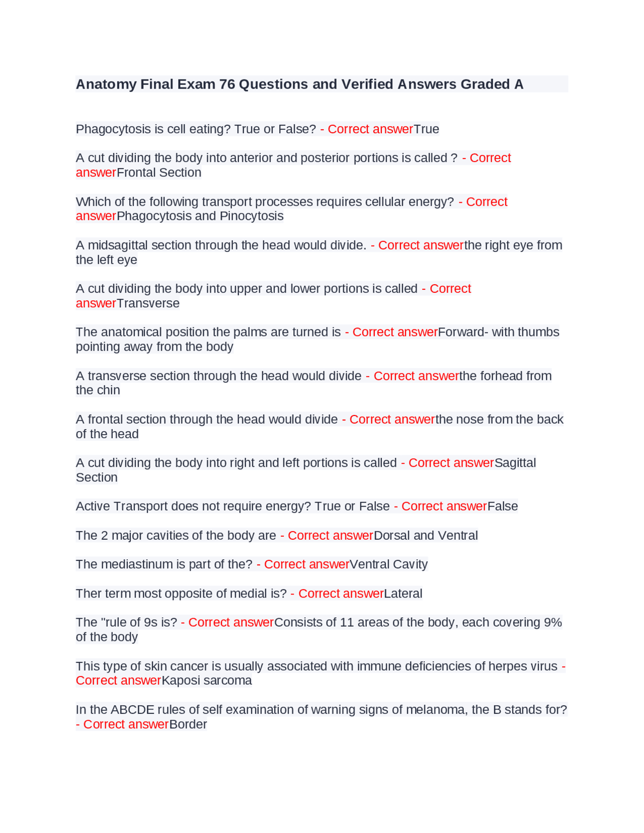 Anatomy Final Exam 76 Questions and Verified Answers Graded A | Exams ...