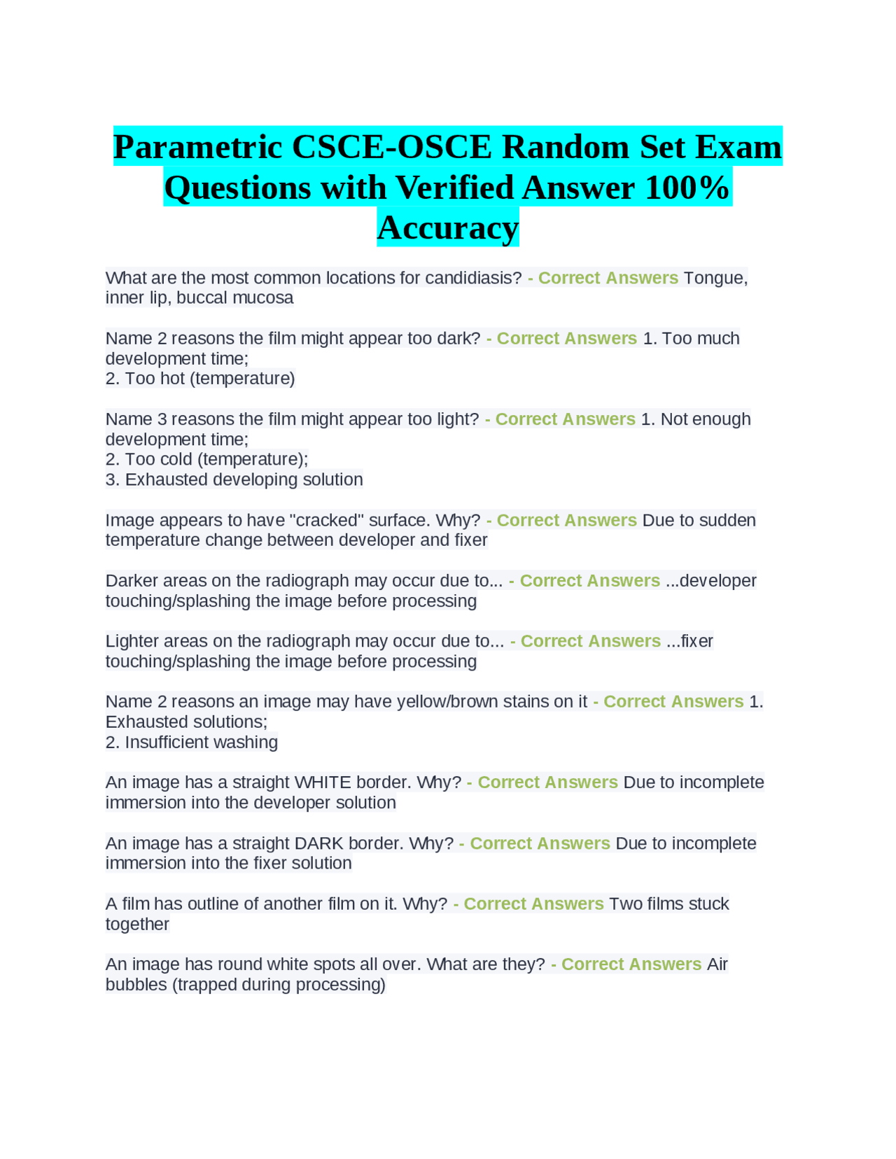 Parametric CSCE-OSCE Random Set Exam Questions with Verified Answer 100 ...