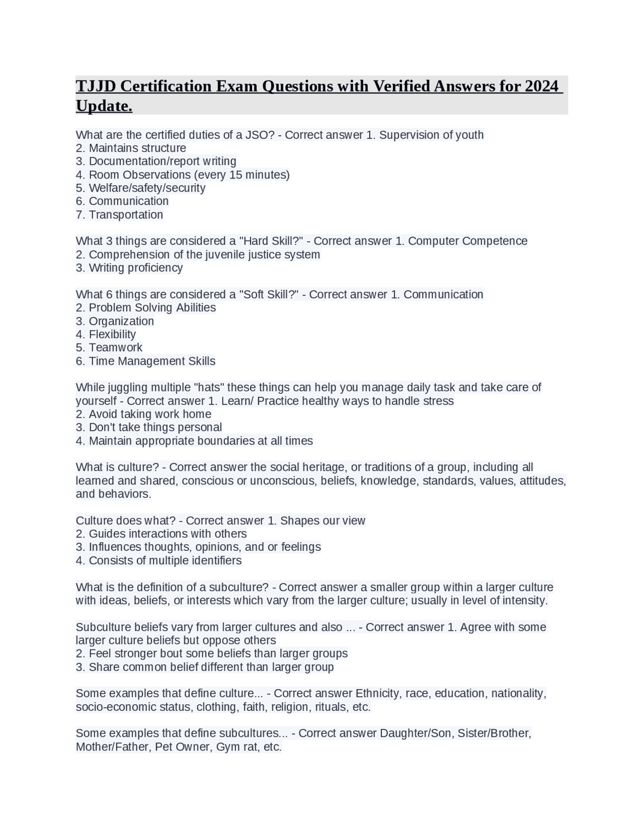 TJJD Certification Exam Questions with Verified Answers for 2024 Update ...