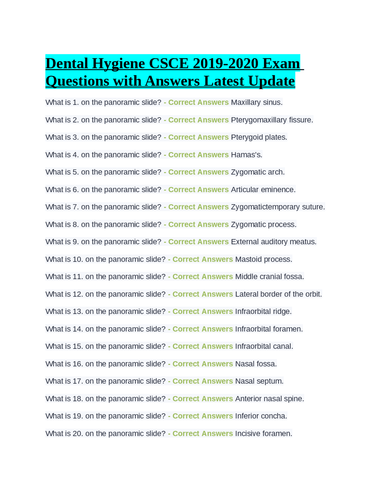 Dental Hygiene CSCE 2019 2020 Exam Questions With Answers Latest Update