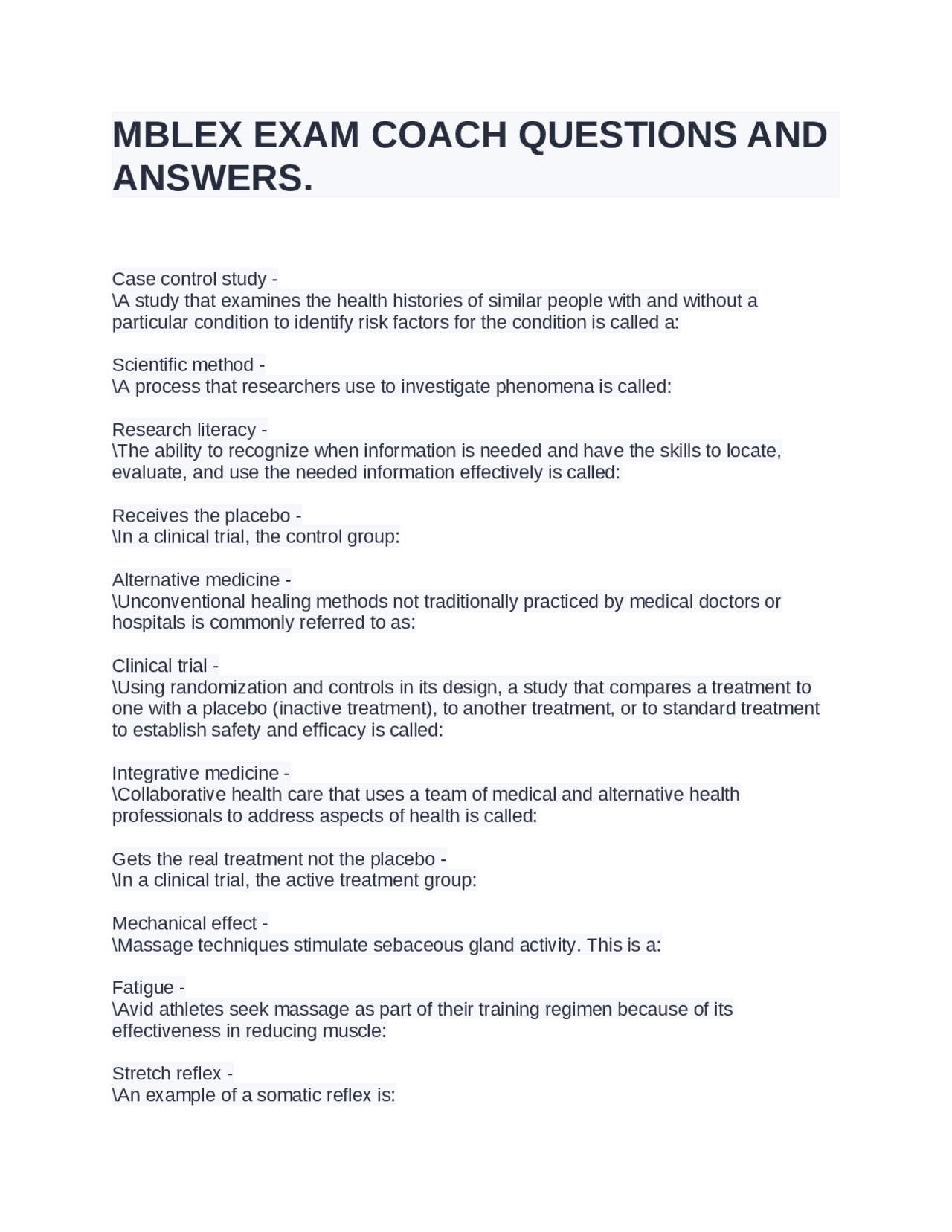 MBLEX EXAM COACH QUESTIONS AND ANSWERS | Exams Medicine | Docsity