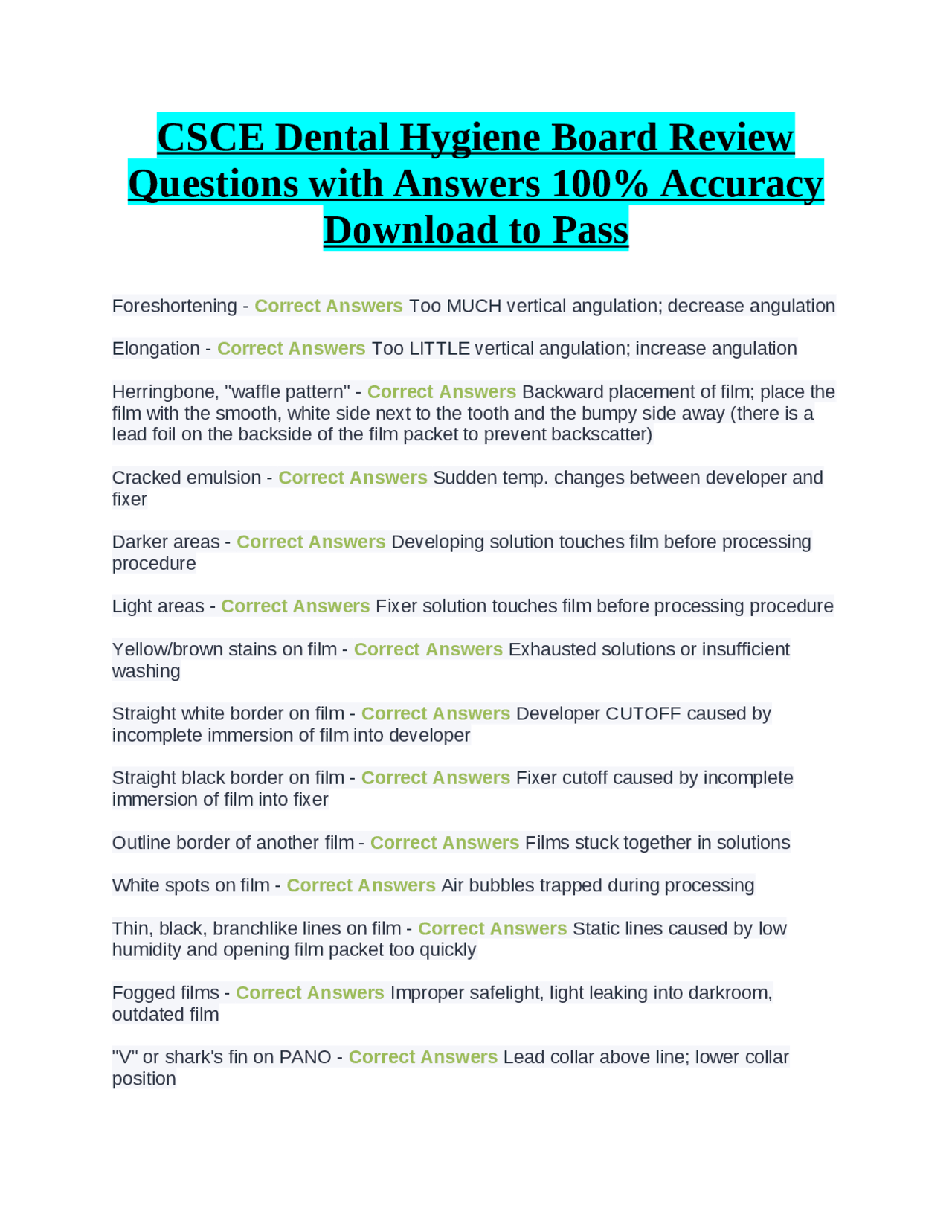 CSCE Dental Hygiene Board Review Questions with Answers 100% Accuracy Download to Pass | Exams ...
