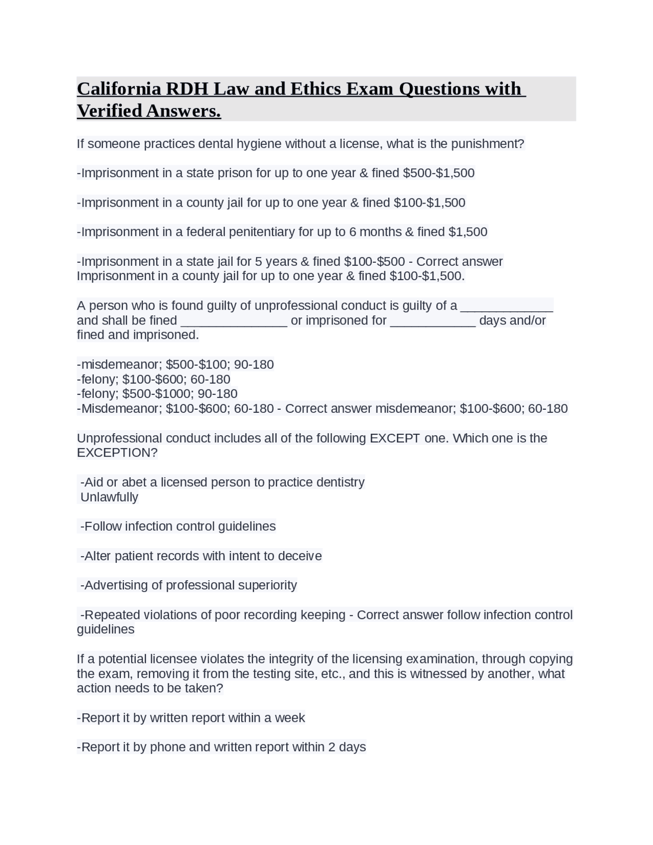 California RDH Law and Ethics Exam Questions with Verified Answers ...