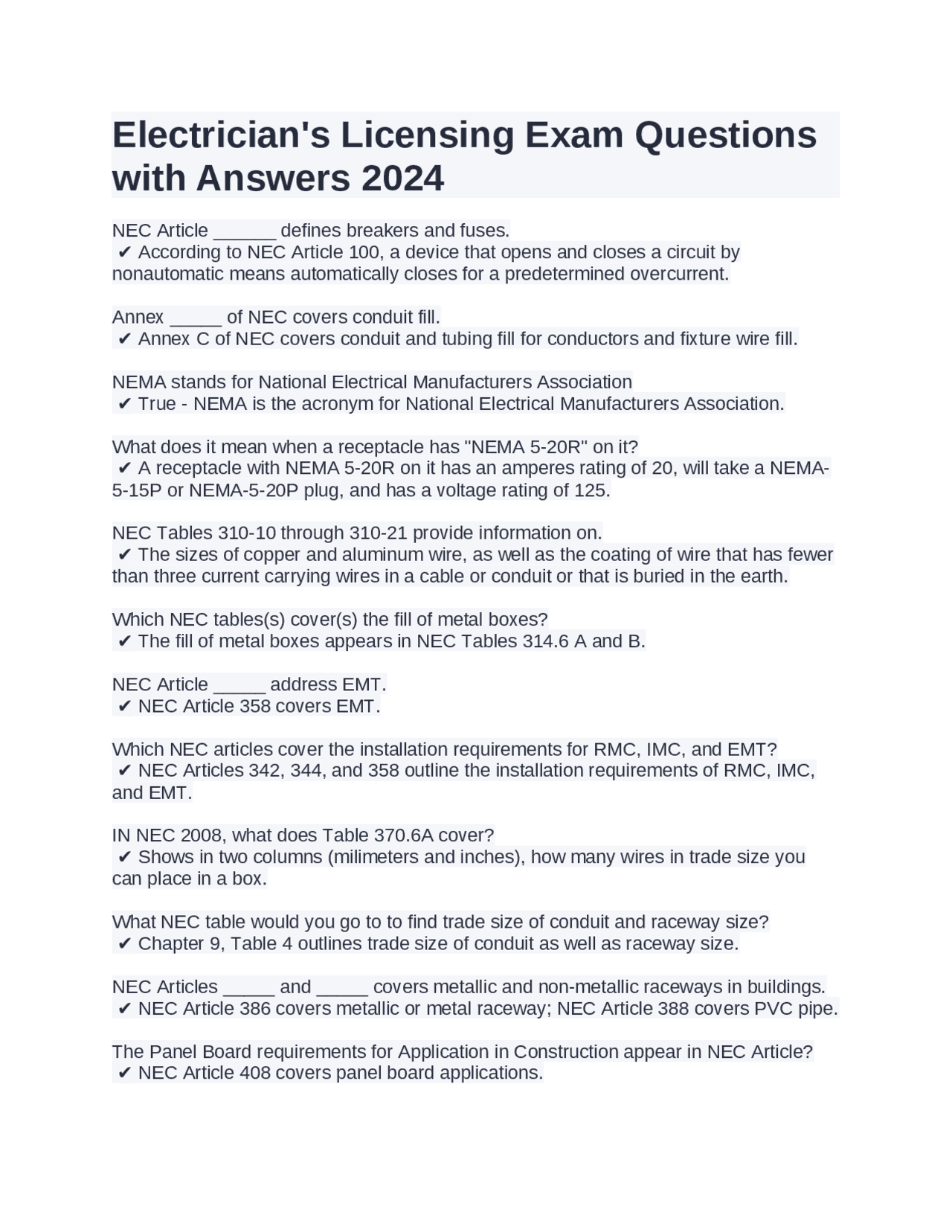Electrician's Licensing Exam Questions with Answers 2024 | Exams ...