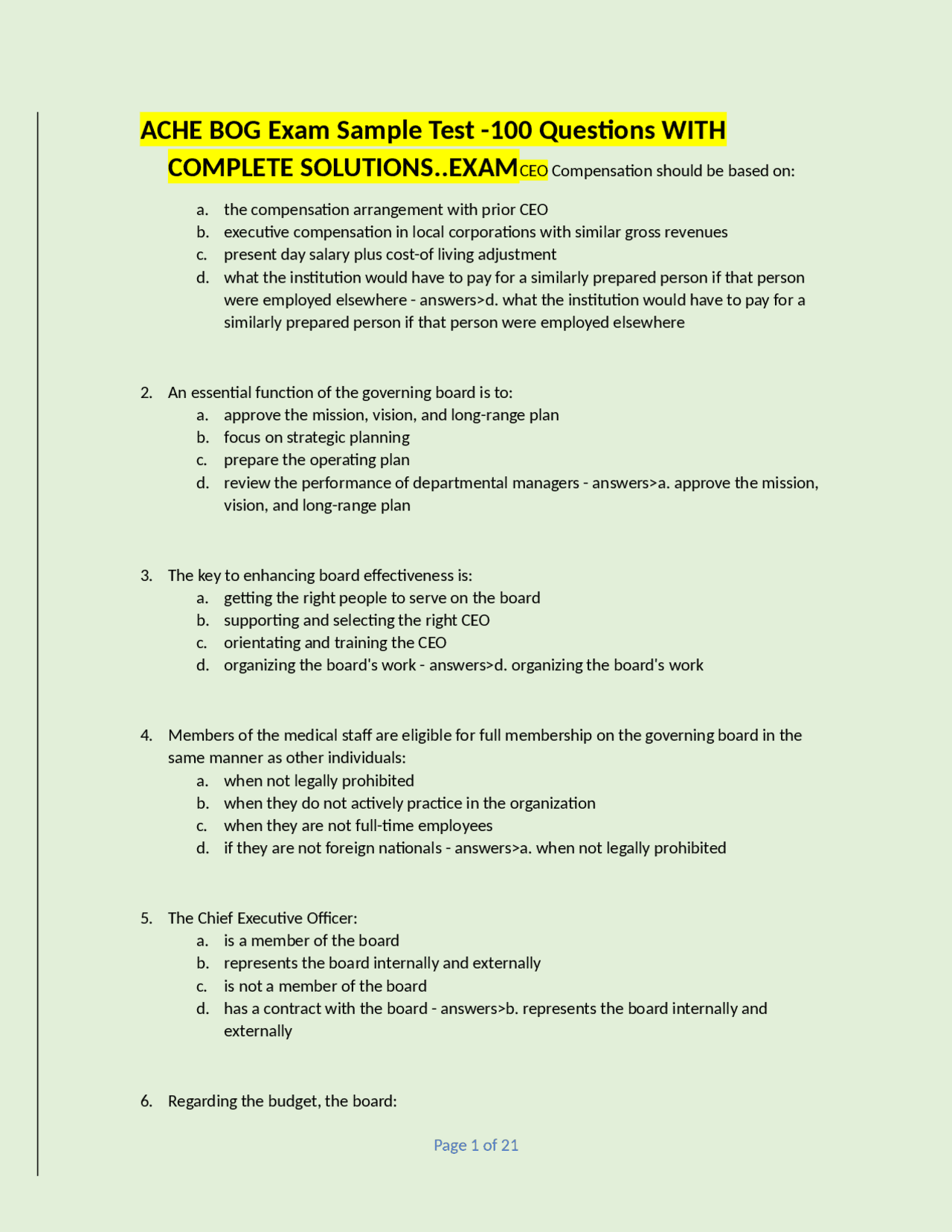 ACHE BOG Exam Sample Test -100 Questions WITH COMPLETE SOLUTIONS ...