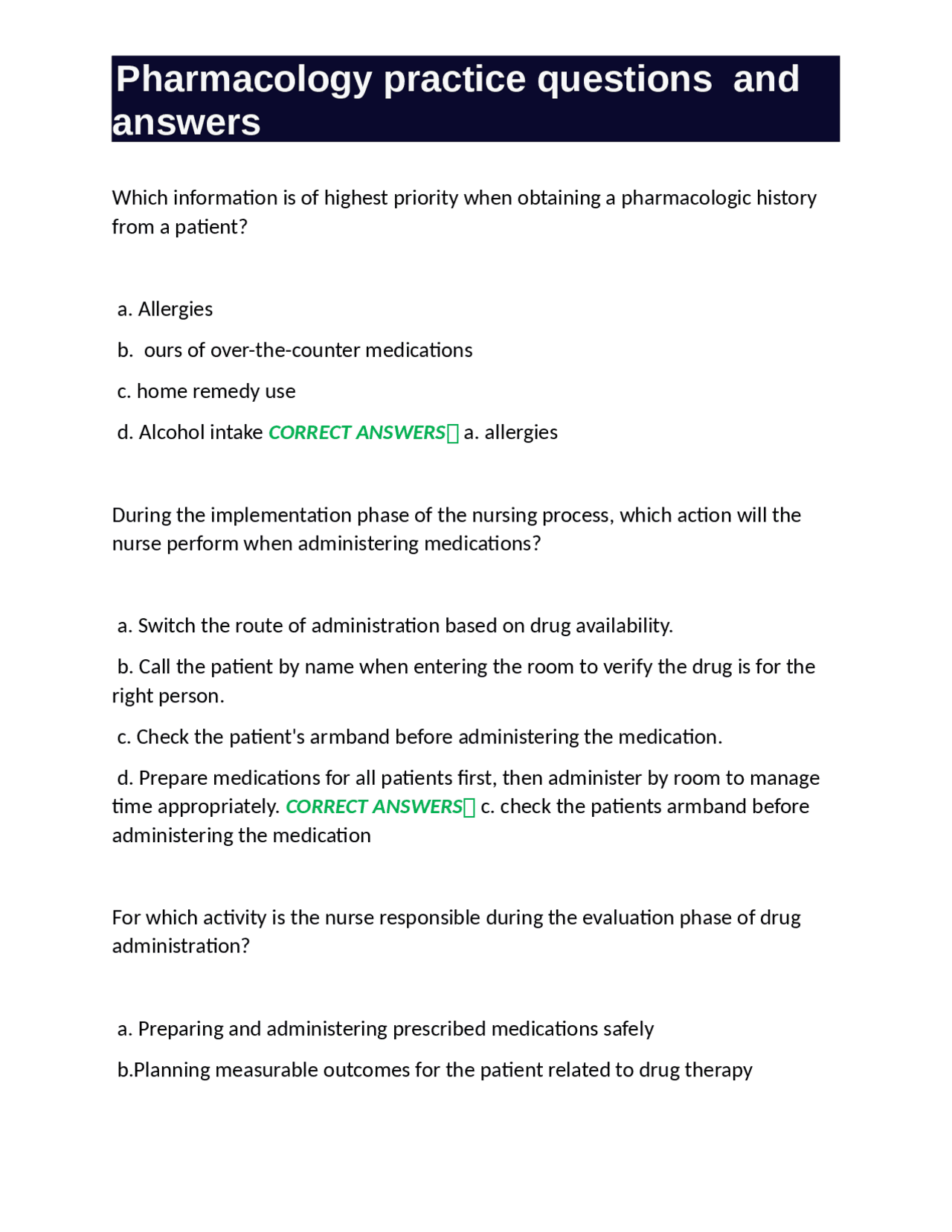 Pharmacology Practice Questions and Answers for Nursing Students ...