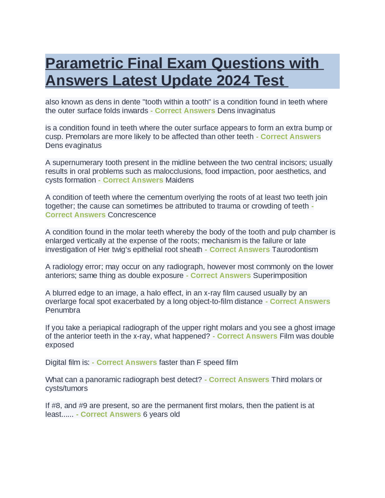 Parametric Final Exam Questions with Answers Latest Update 2024 Test ...