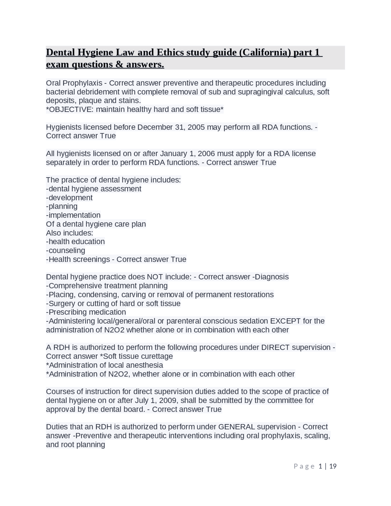 Dental Hygiene Law and Ethics Study Guide (California) - Part 1 | Exams ...