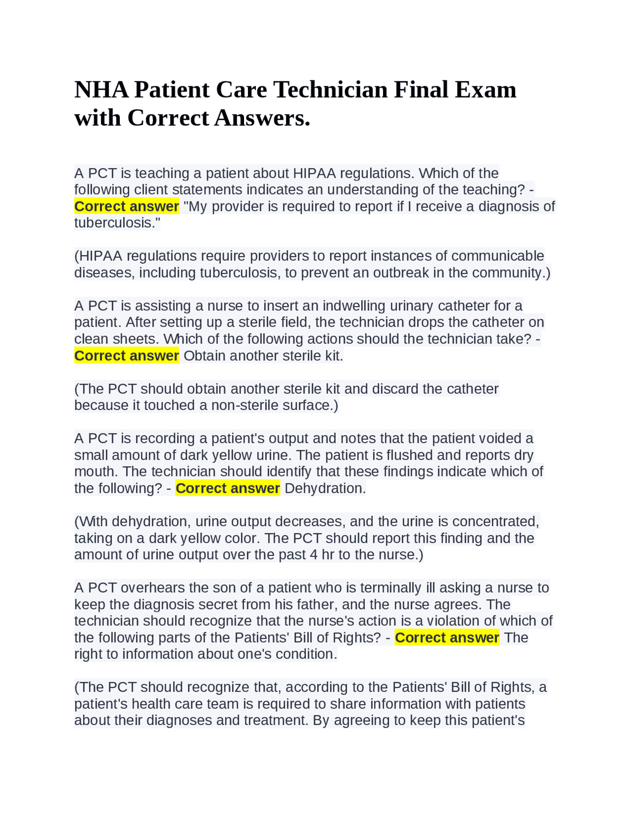 NHA Patient Care Technician Final Exam with Correct Answers. | Exams ...