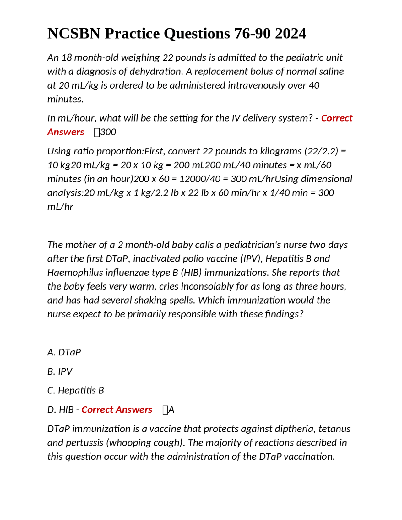 Nursing Practice Questions: Answers and Rationale | Exams Nursing | Docsity