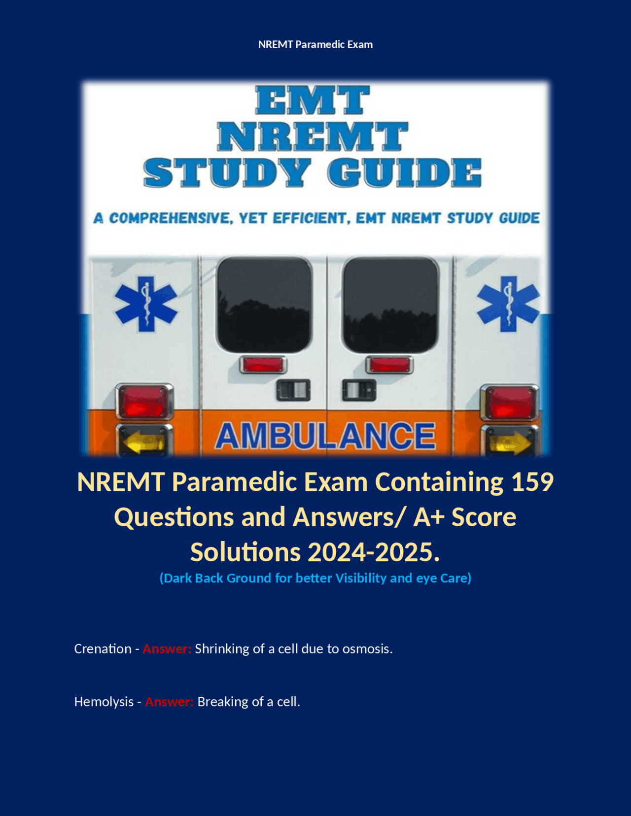 NREMT Paramedic Exam Containing 159 Questions and Answers/ A+ Score ...