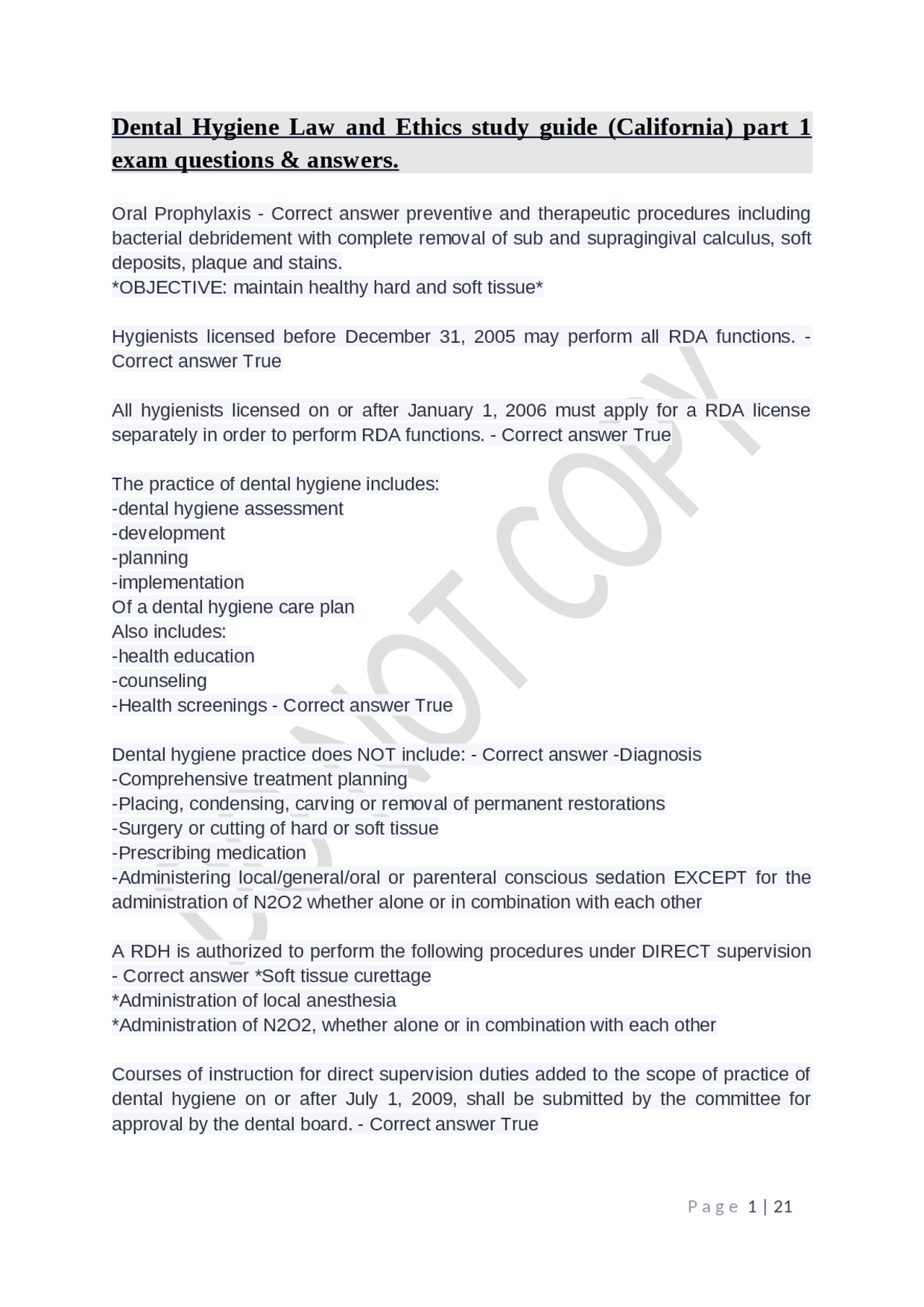 Dental Hygiene Law and Ethics study guide (California) part 1 exam ...