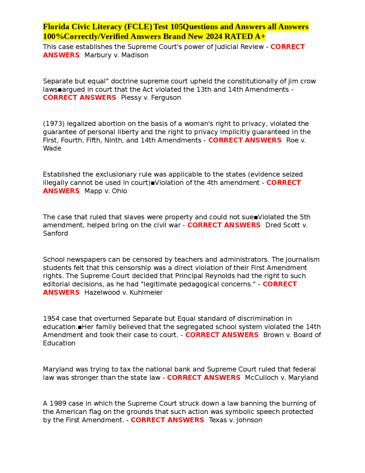 Florida Civic Literacy (FCLE) Test 105Questions and Answers all Answers ...