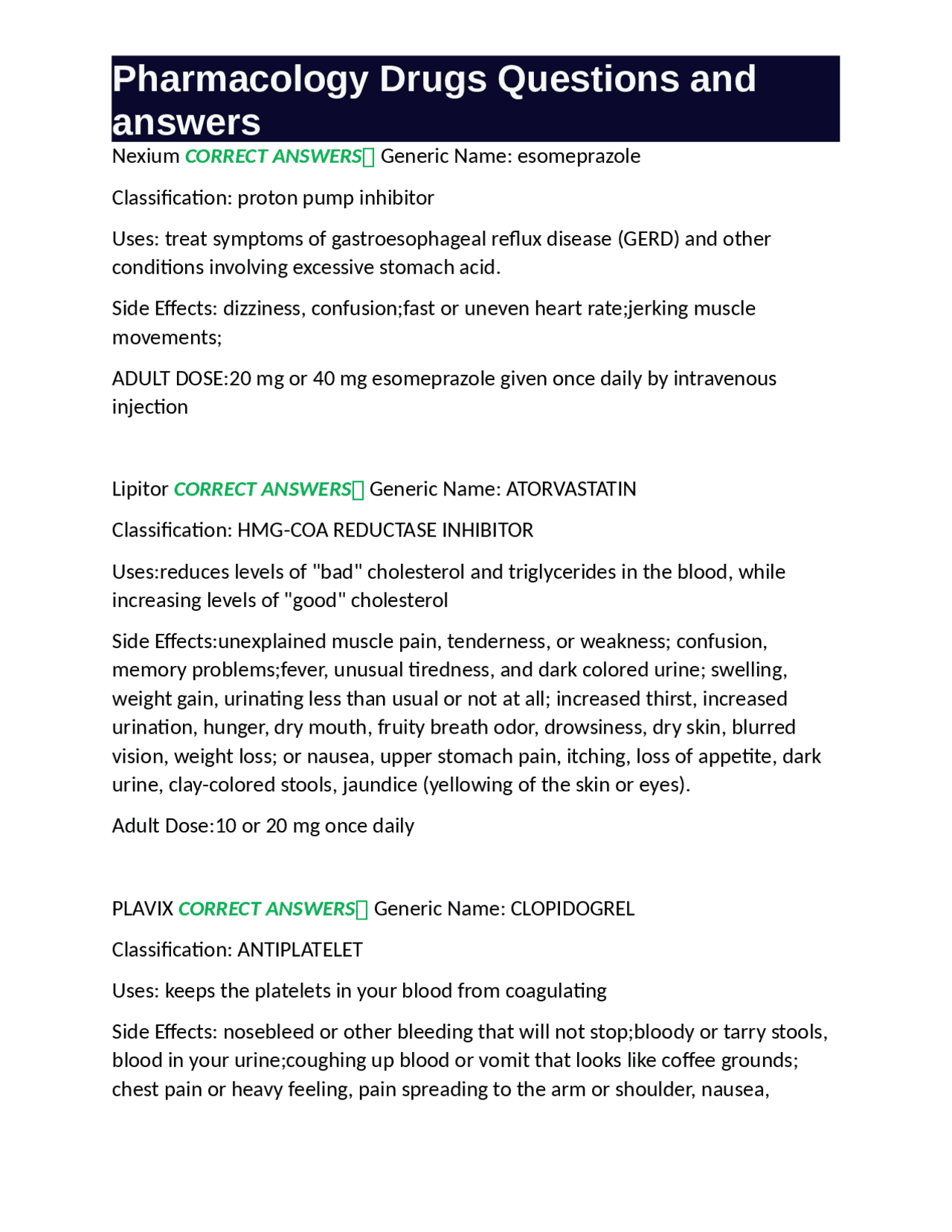 Pharmacology Drugs Questions and answers | Exams Pharmacology | Docsity