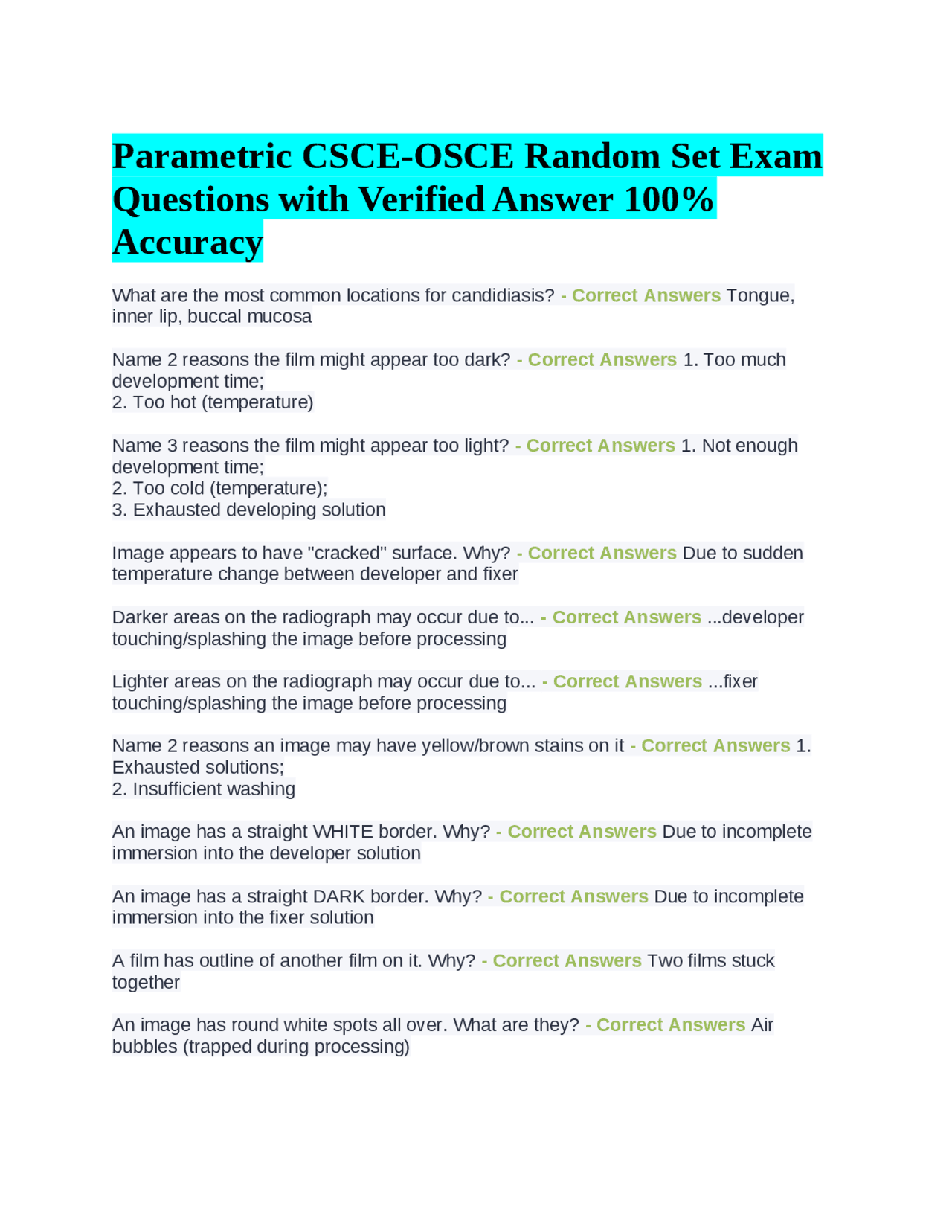 Parametric CSCE-OSCE Random Set Exam Questions with Verified Answer 100 ...