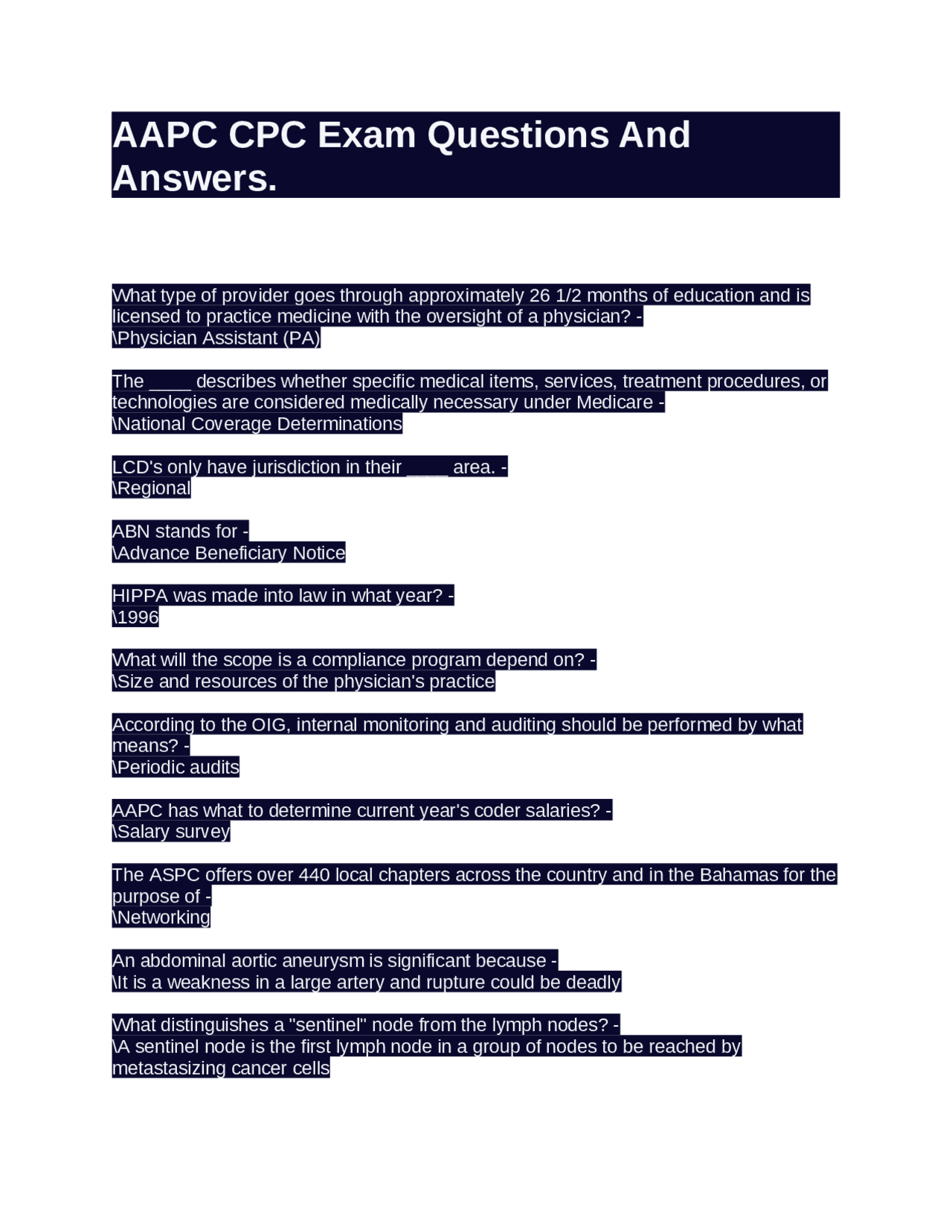 AAPC CPC Exam Questions And Answers. | Exams Medicine | Docsity