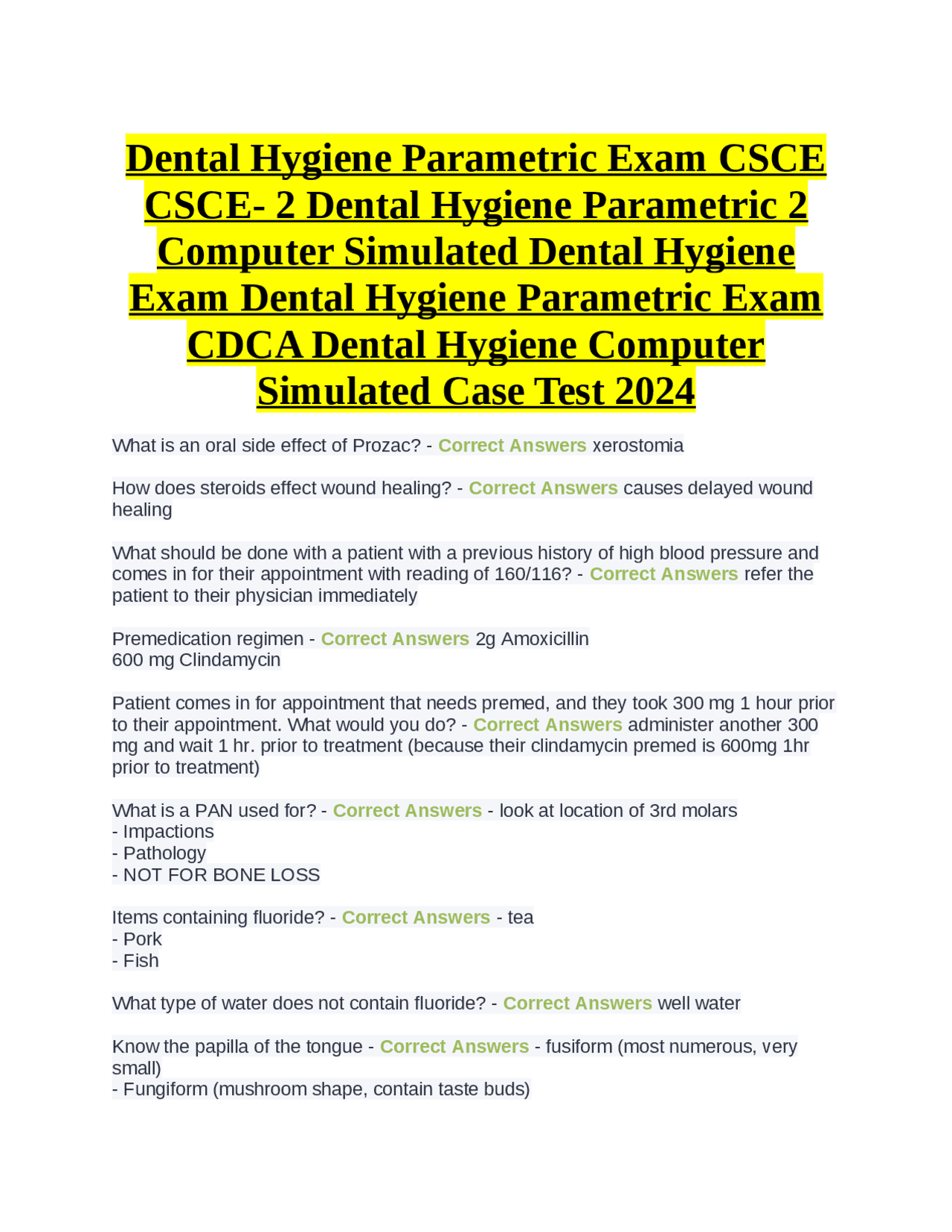 Dental Hygiene Parametric Exam CSCE CSCE 2 Dental Hygiene Parametric 2