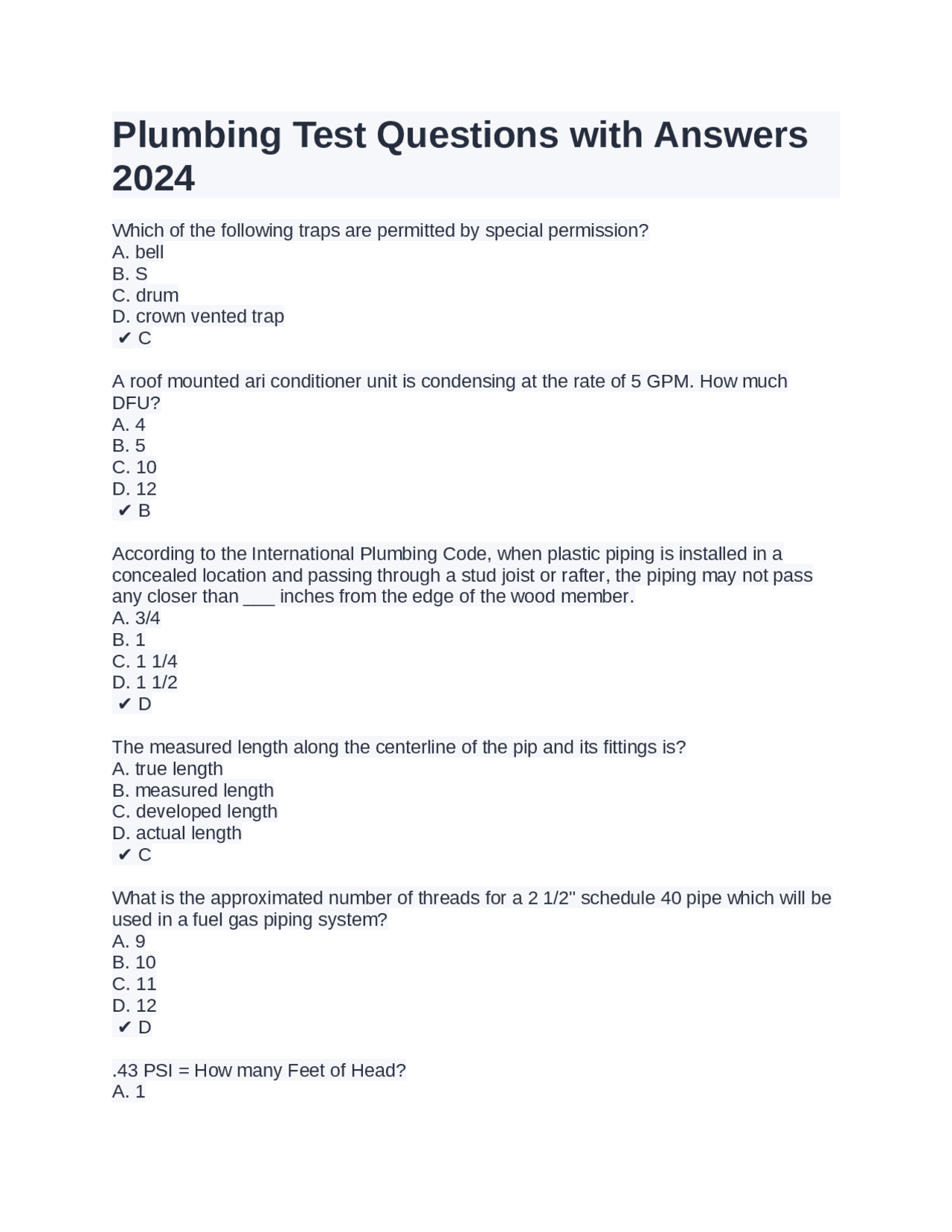 Plumbing Test Questions With Answers 2024 Exams Engineering Docsity