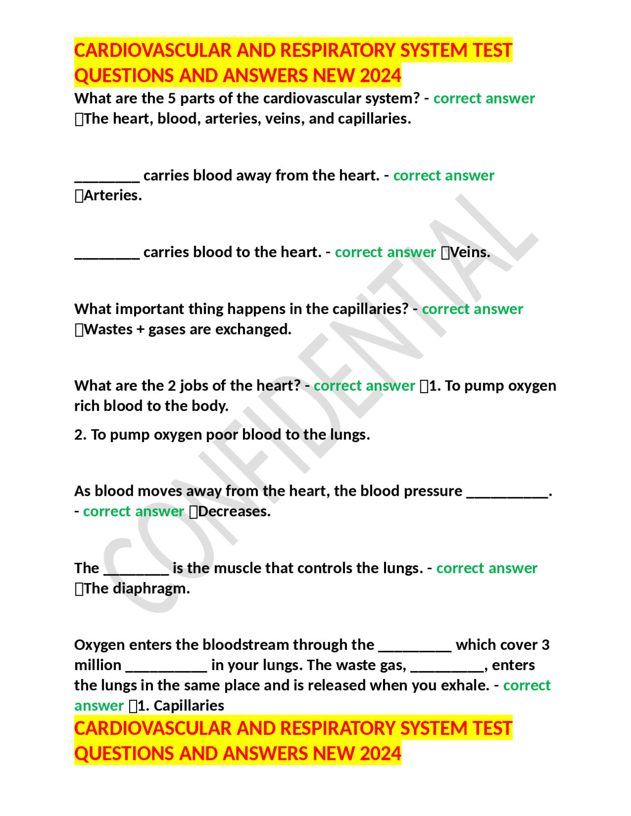 CARDIOVASCULAR AND RESPIRATORY SYSTEM TEST QUESTIONS AND ANSWERS NEW ...