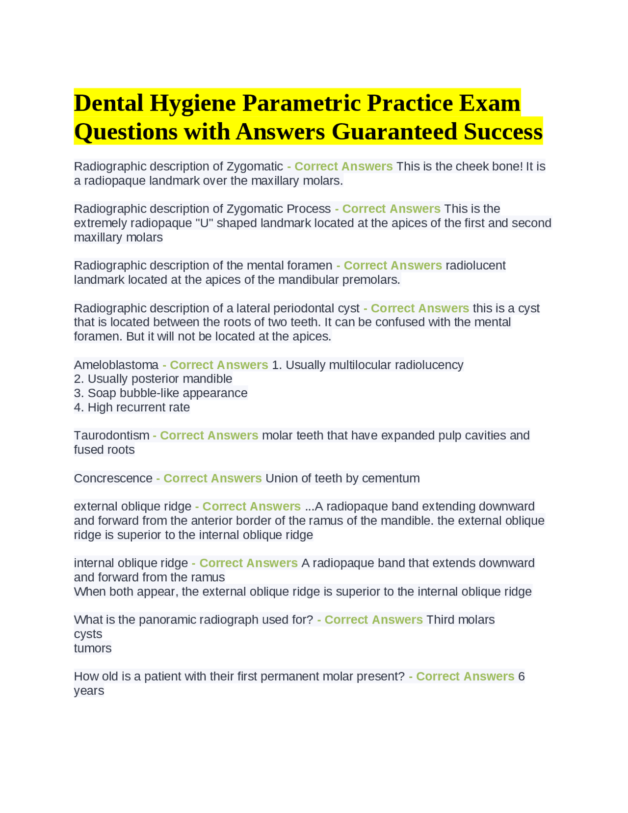 Dental Hygiene Parametric Practice Exam Questions with Answers ...