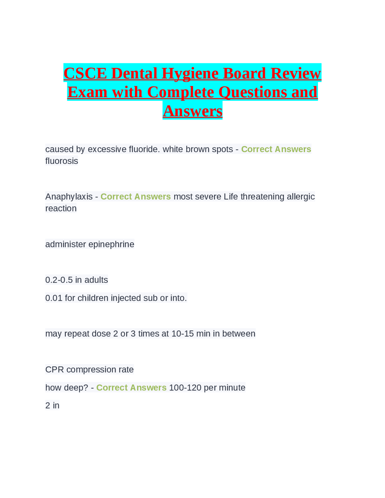 Csce Dental Hygiene Board Review Exam With Complete Questions And Answers Exams Nursing Docsity 2251