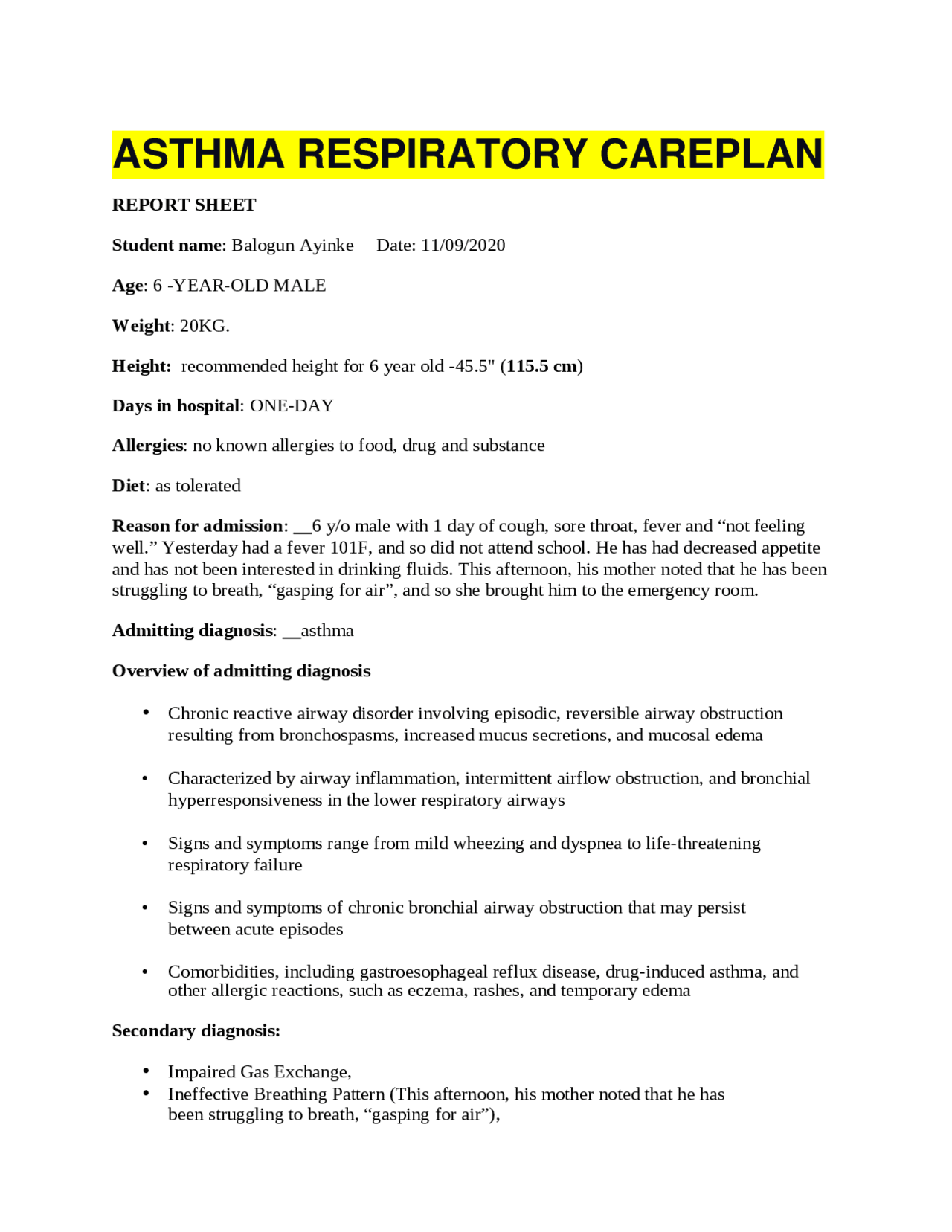 Asthma Management Plan for a Six-Year-Old Patient | Study Guides ...