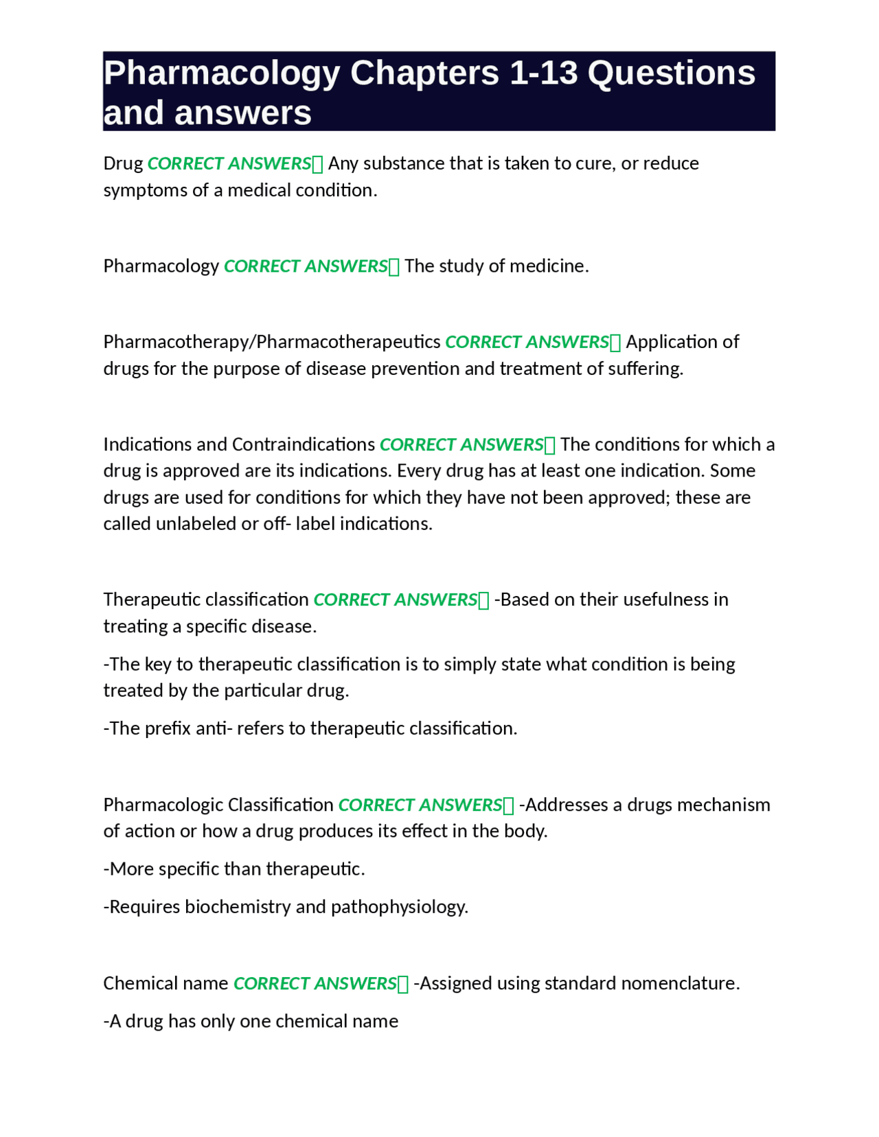 Pharmacology Chapters 1-13 Questions and answers | Exams Pharmacology ...