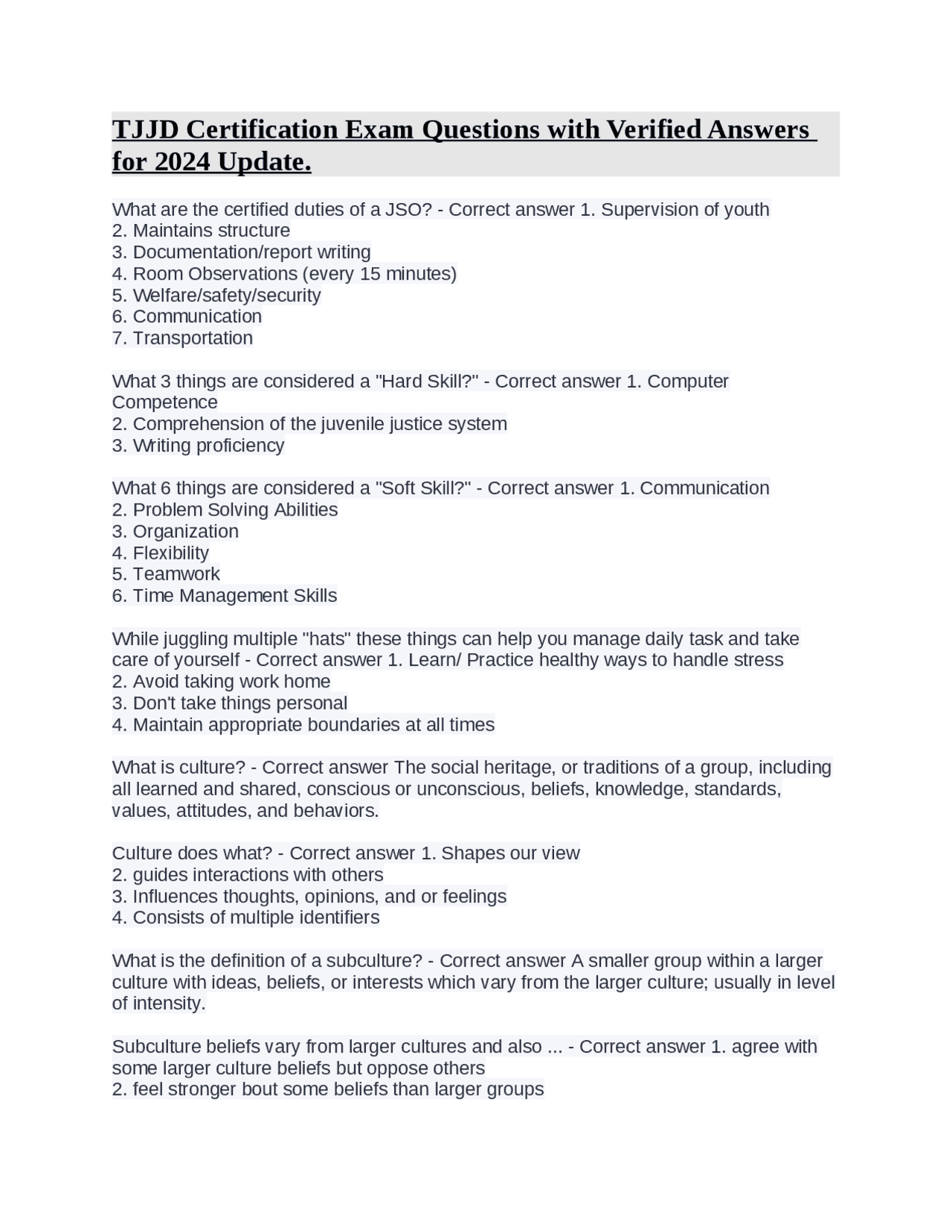 TJJD Certification Exam Questions with Verified Answers for 2024 Update. | Exams Theory of ...
