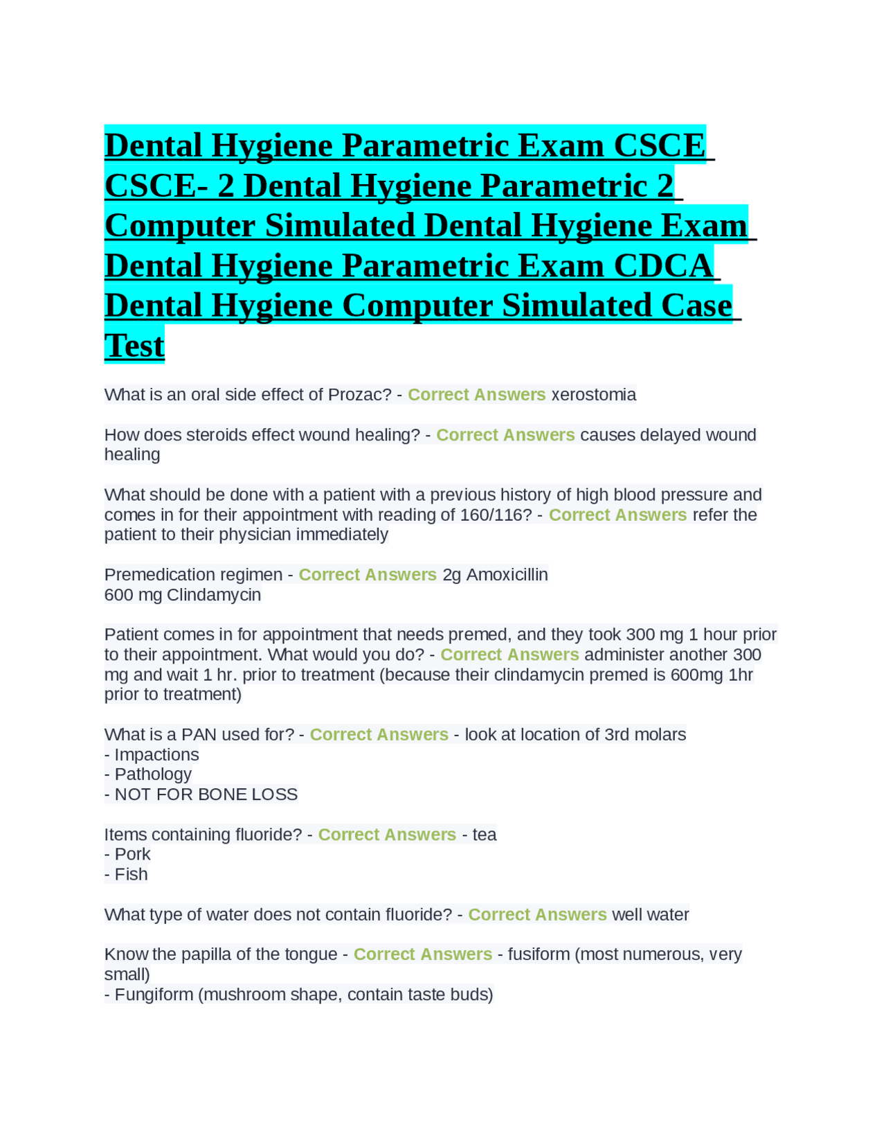 Dental Hygiene Parametric Exam Csce Csce 2 Dental Hygiene Parametric 2 Computer Simulated