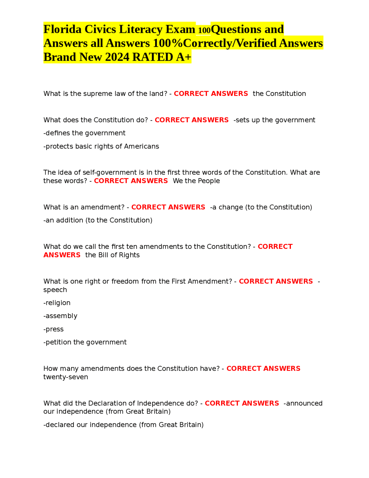 Florida Civics Literacy Exam 100Questions and Answers all Answers 100 ...