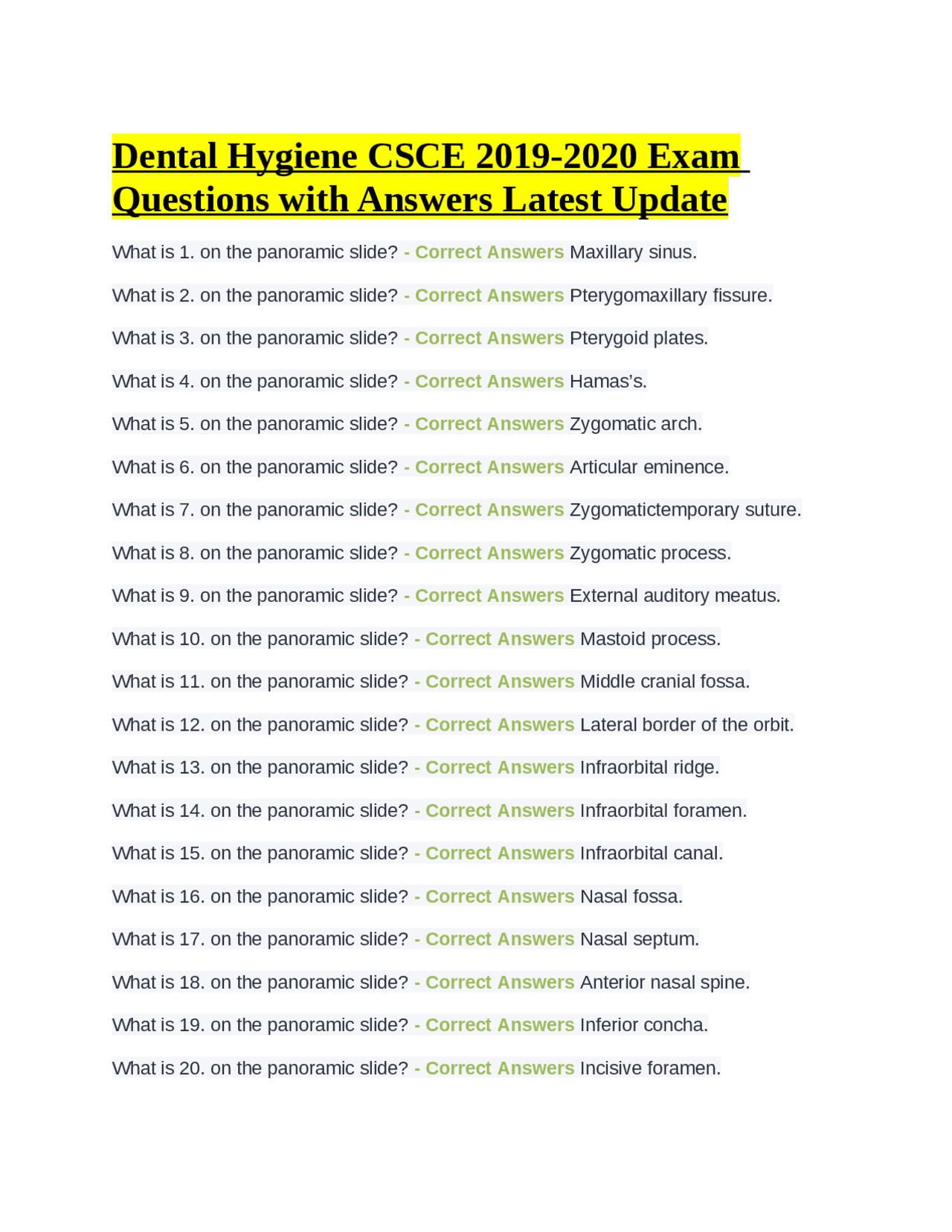 Dental Hygiene CSCE 2019 2020 Exam Questions With Answers Latest Update