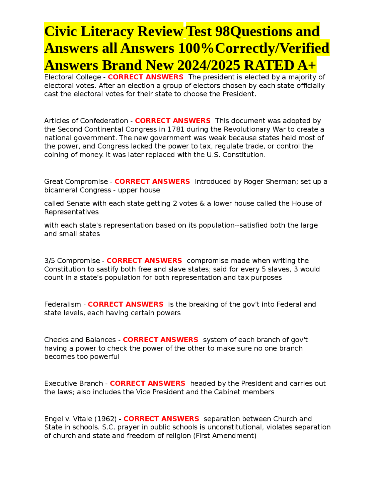 Civic Literacy Review Test 98Questions and Answers all Answers 100 ...