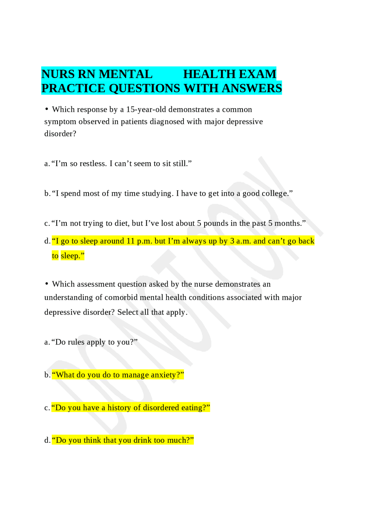 NURS RN MENTAL HEALTH EXAM PRACTICE QUESTIONS WITH ANSWERS | Exams ...