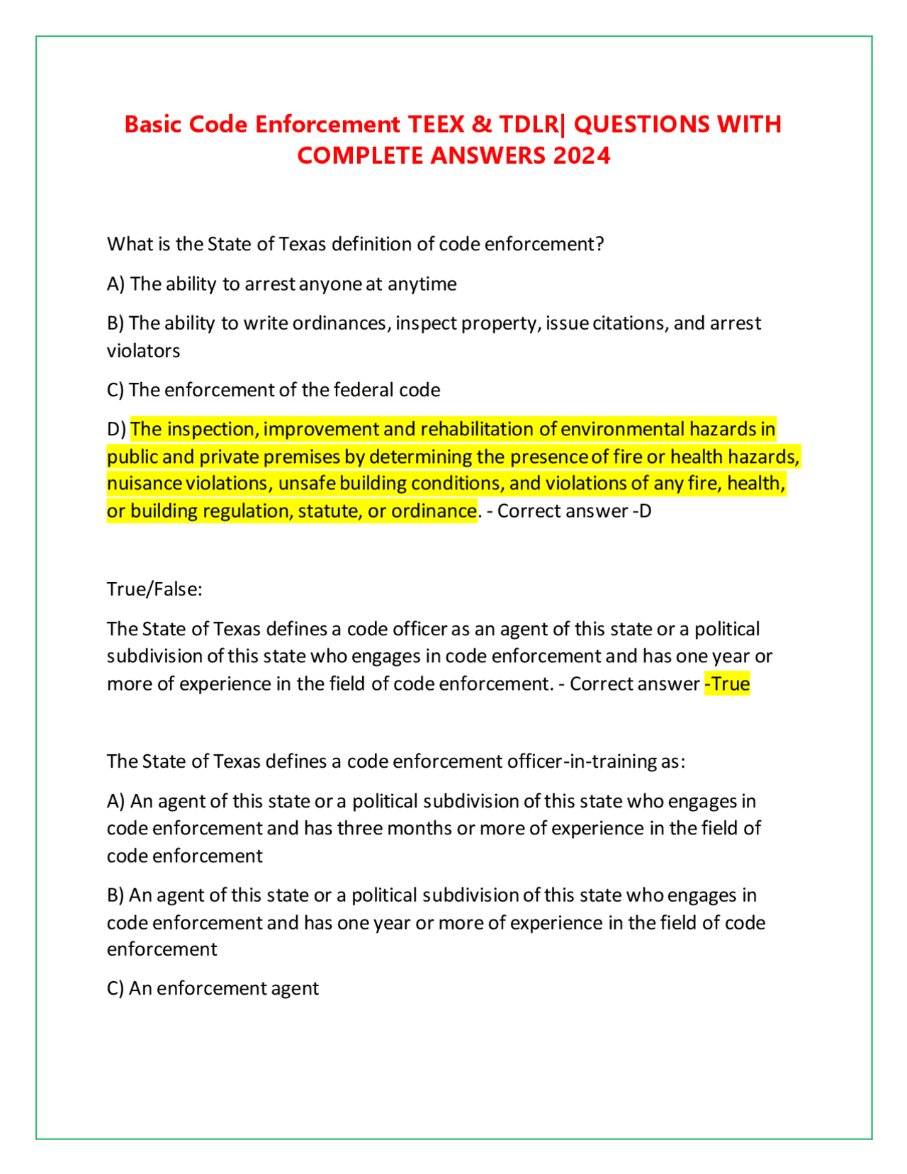 Basic Code Enforcement TEEX & TDLR| QUESTIONS WITH COMPLETE ANSWERS ...