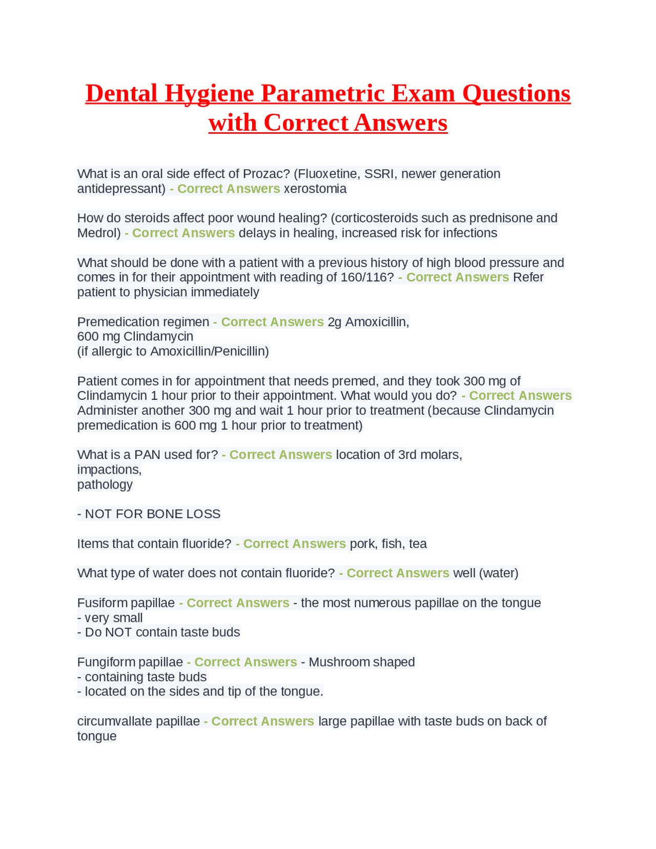 Dental Hygiene Parametric Exam Questions with Correct Answers | Exams ...