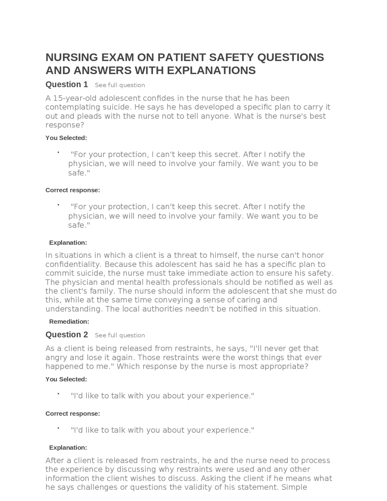 NURSING EXAM ON PATIENT SAFETY QUESTIONS AND ANSWERS WITH EXPLANATIONS ...
