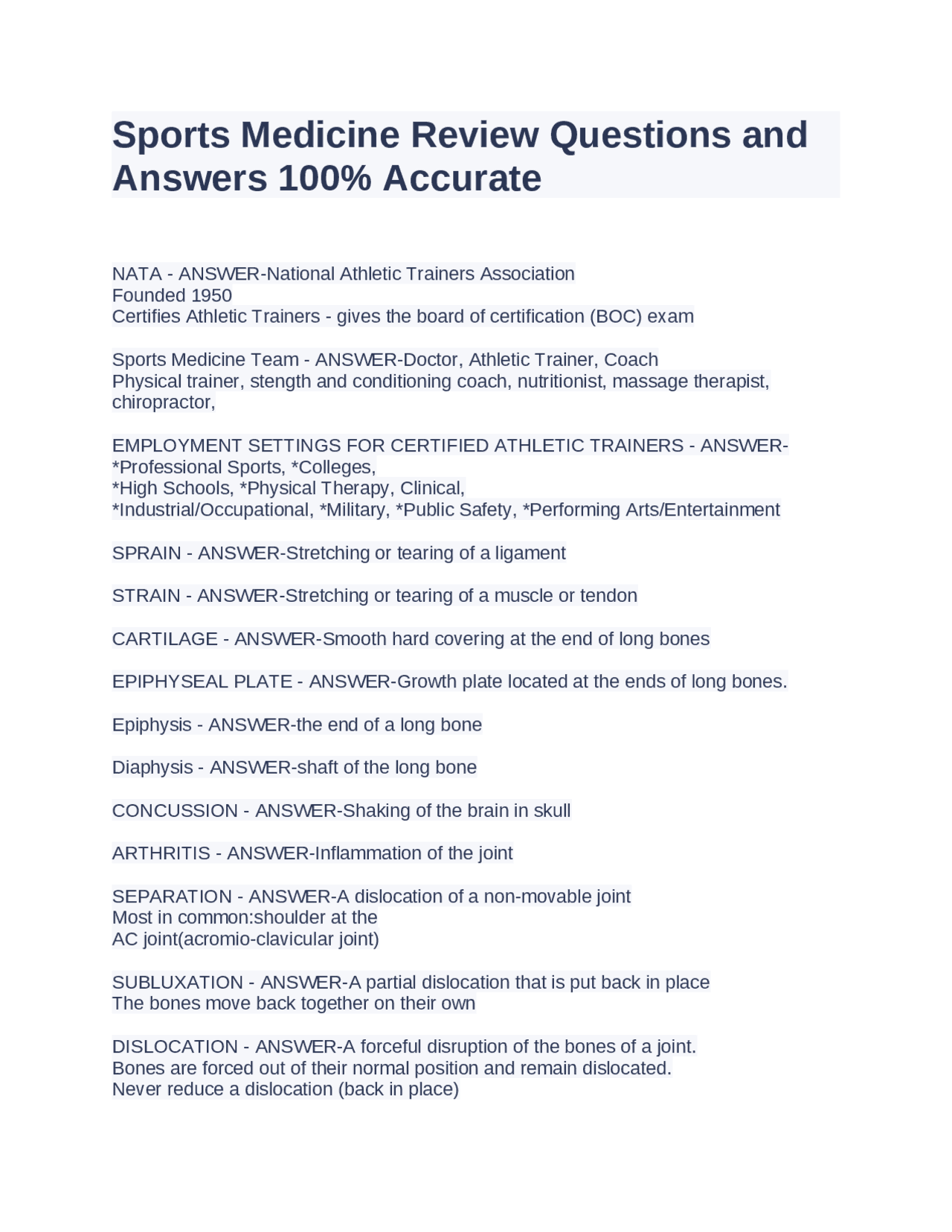 Sports Medicine Review Questions and Answers 100% Accurate | Exams ...