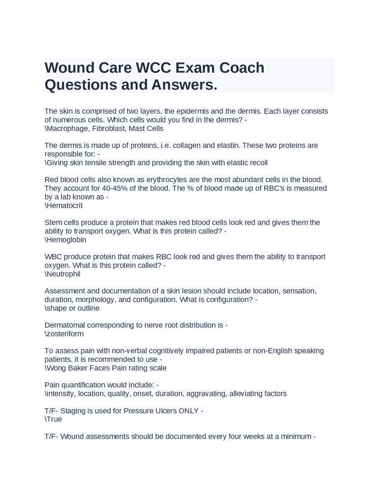 Wound Care WCC Exam Coach Questions and Answers | Exams Medicine | Docsity